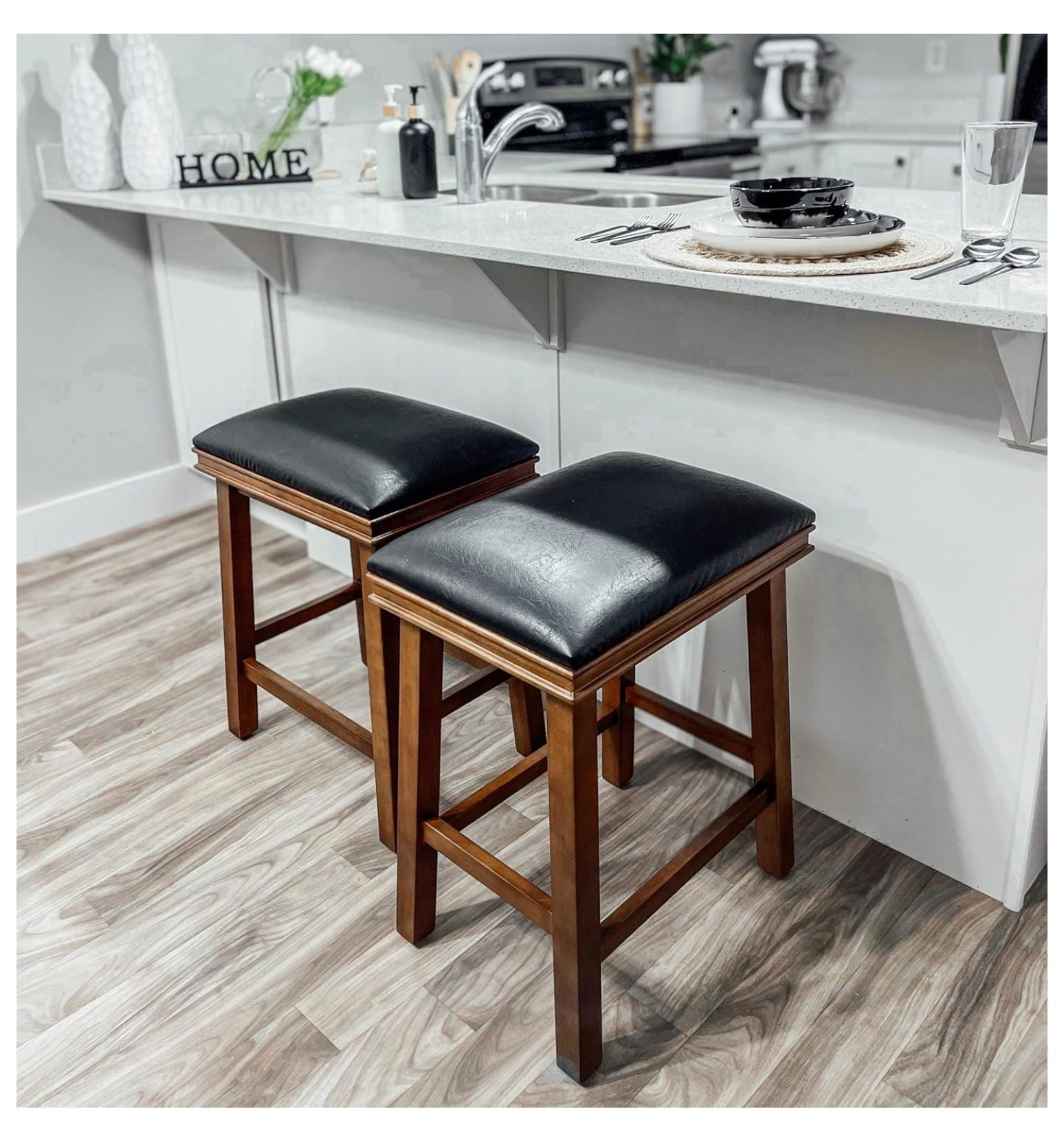 Black Solid Wood Bar Stools Set of 2 for Kitchen Counter Counter Height ...