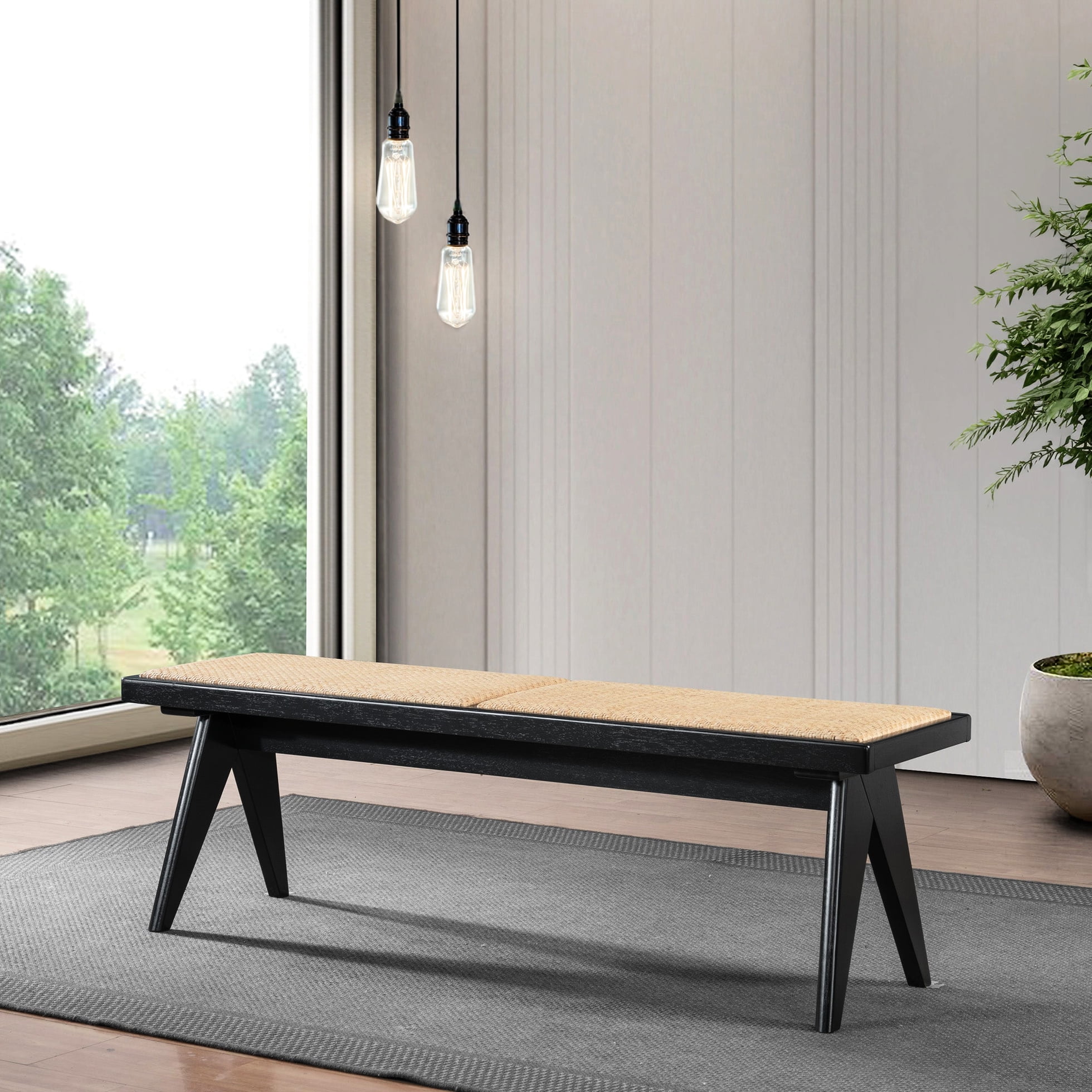 Black Solid Wood Legged Bench For Living Spaces Mid Century Style With ...