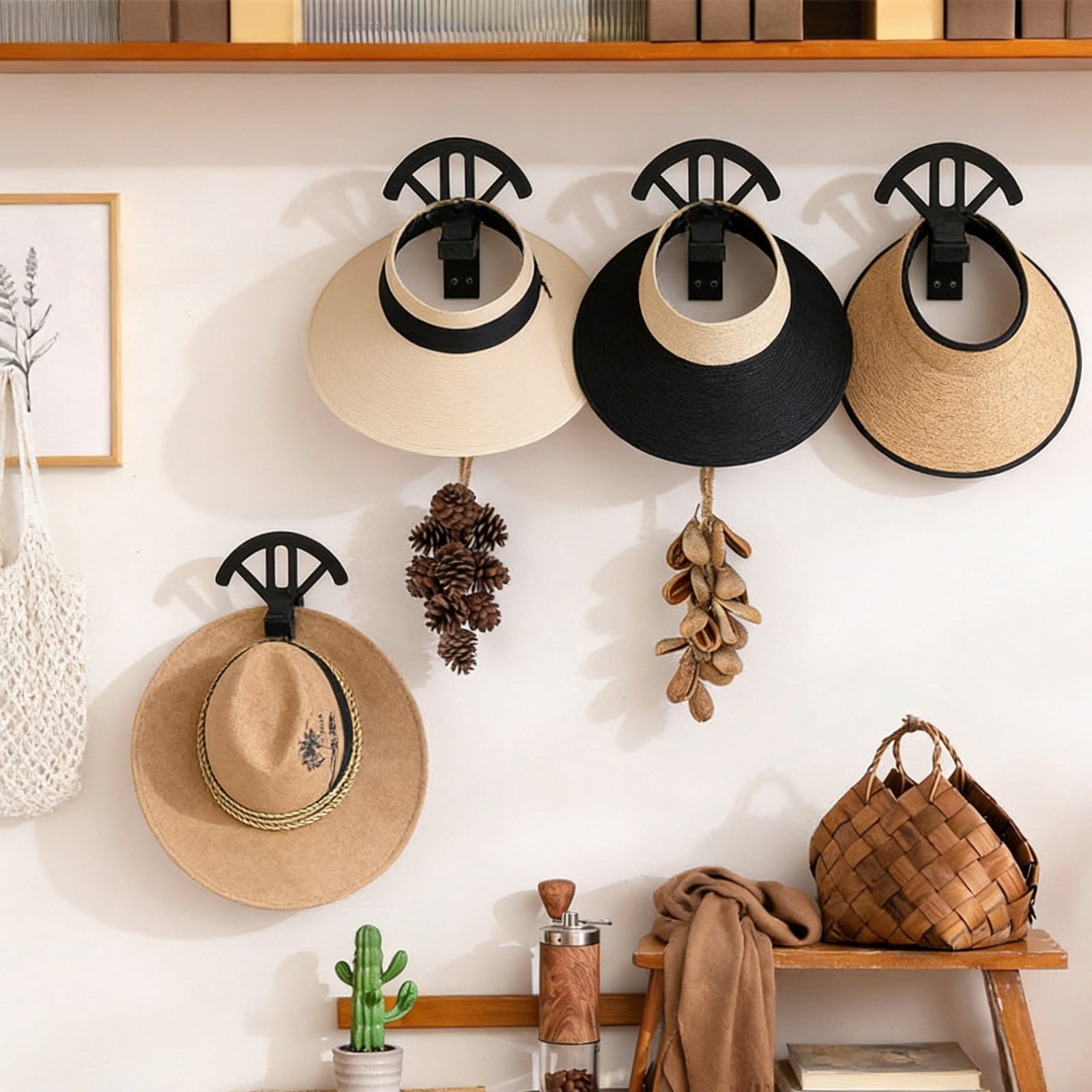 Black Solid Wood Wall Mounted Hat Rack, Adjustable Cowboy Cap Display ...