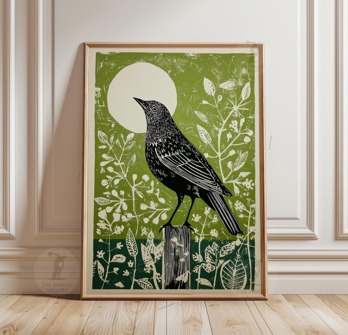 Black Songbird Botanical Wall Art Green Moon Bird Vintage Woodcut ...