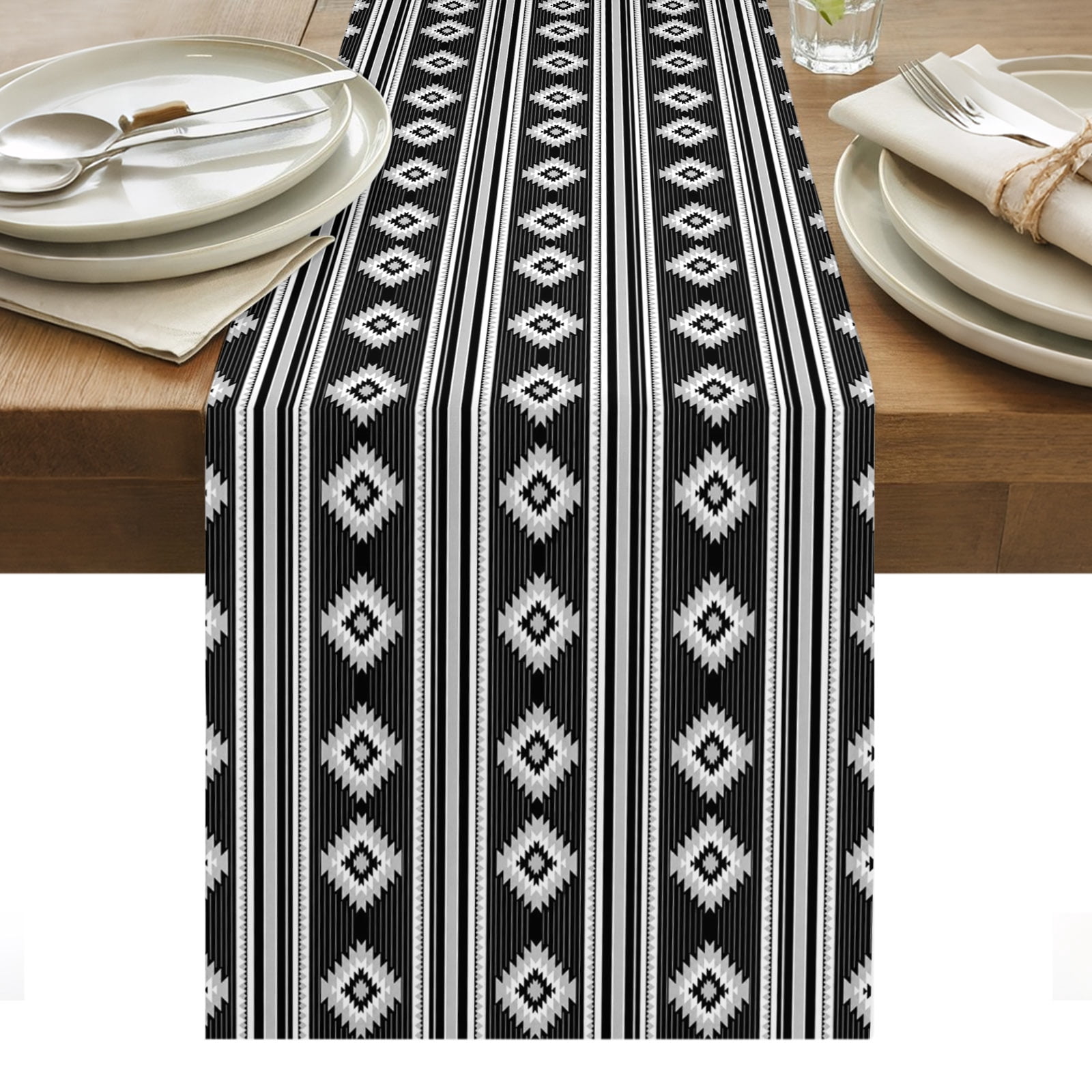 Black Southwestern Cotton Linen Table Runner Aztec Diamond Motif Tribal ...