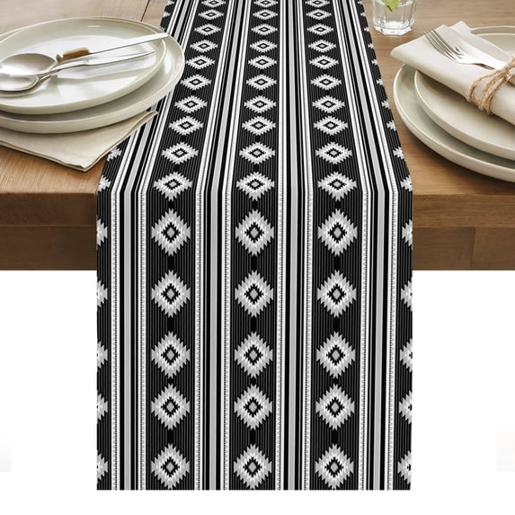 Black Southwestern Cotton Linen Table Runner Aztec Diamond Motif Tribal ...
