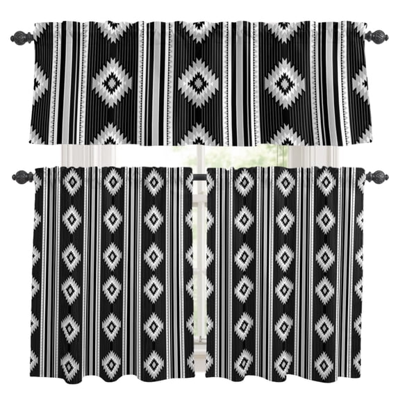 Black Southwestern Kitchen Curtains Valances 3 Piece Set, Aztec Diamond ...