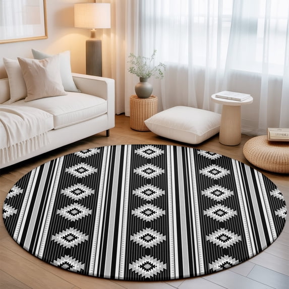 Black Southwestern Round Living Room Rugs 6 ft, Aztec Diamond Motif ...