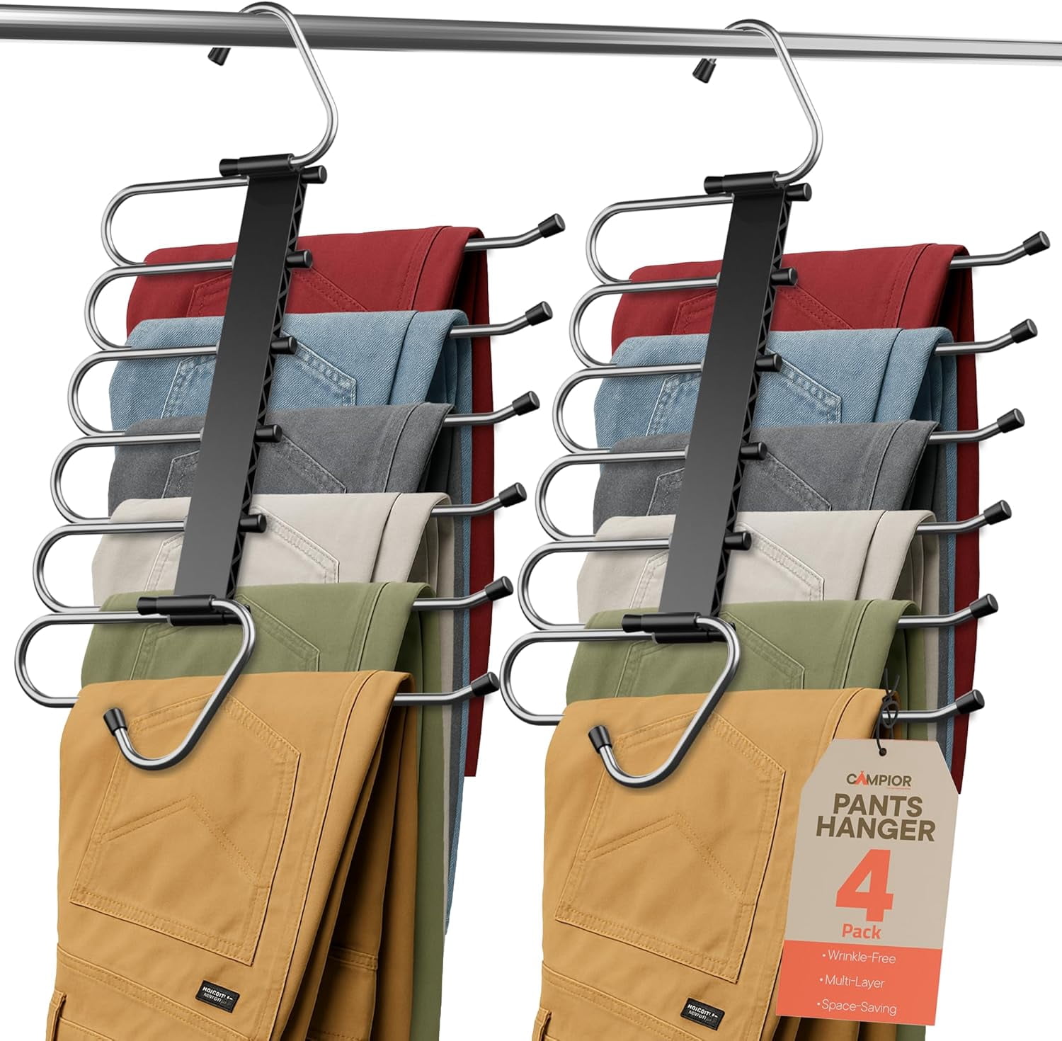 Black Space Saving Pants Hangers 4 Pack, 6 Layer Jeans Hangers and ...