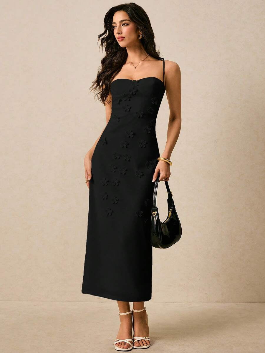 Black Spaghetti Strap Fitted Midi Dress With 3D Floral Appliqué For ...