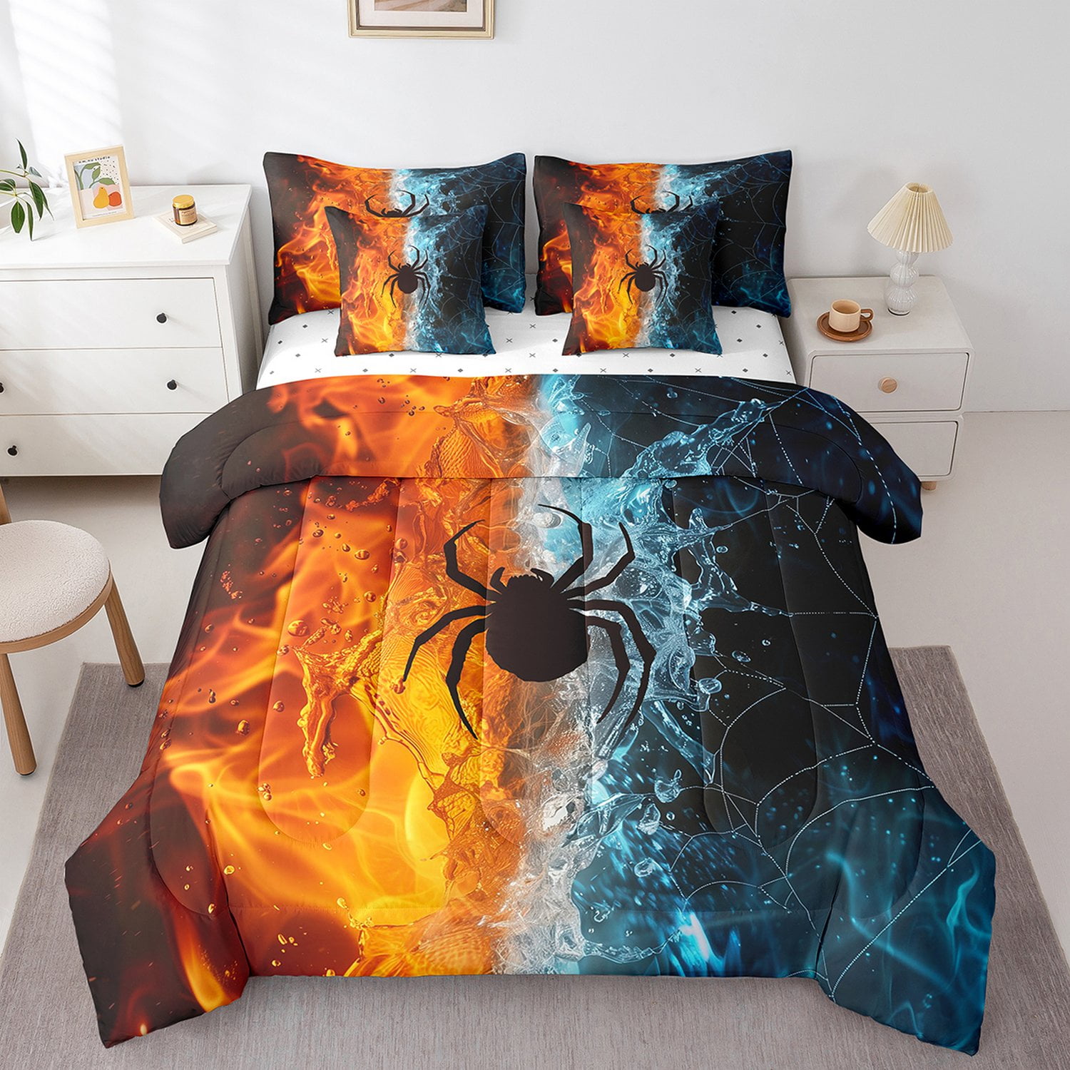 Black Spider Bed in a Bag Queen, 3D Fire and Water Spider Comforter Set ...