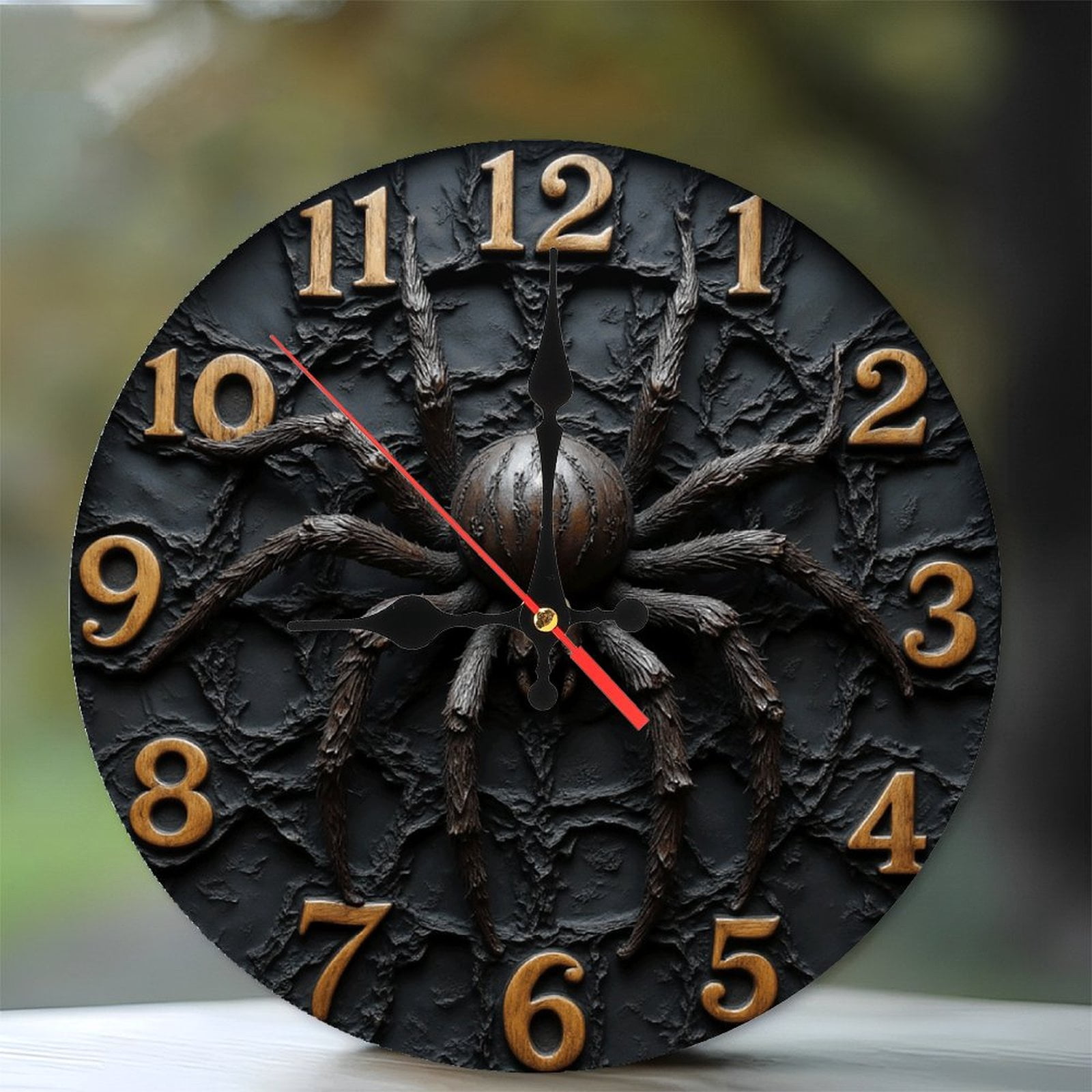 Black Spider Wall Clock with Realistic Design 10-Inch Silent Wooden ...