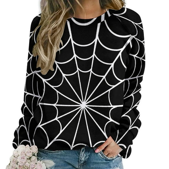 Black Spider Web Fashion Round Neck Long Sleeve Printed Elegant Casual ...