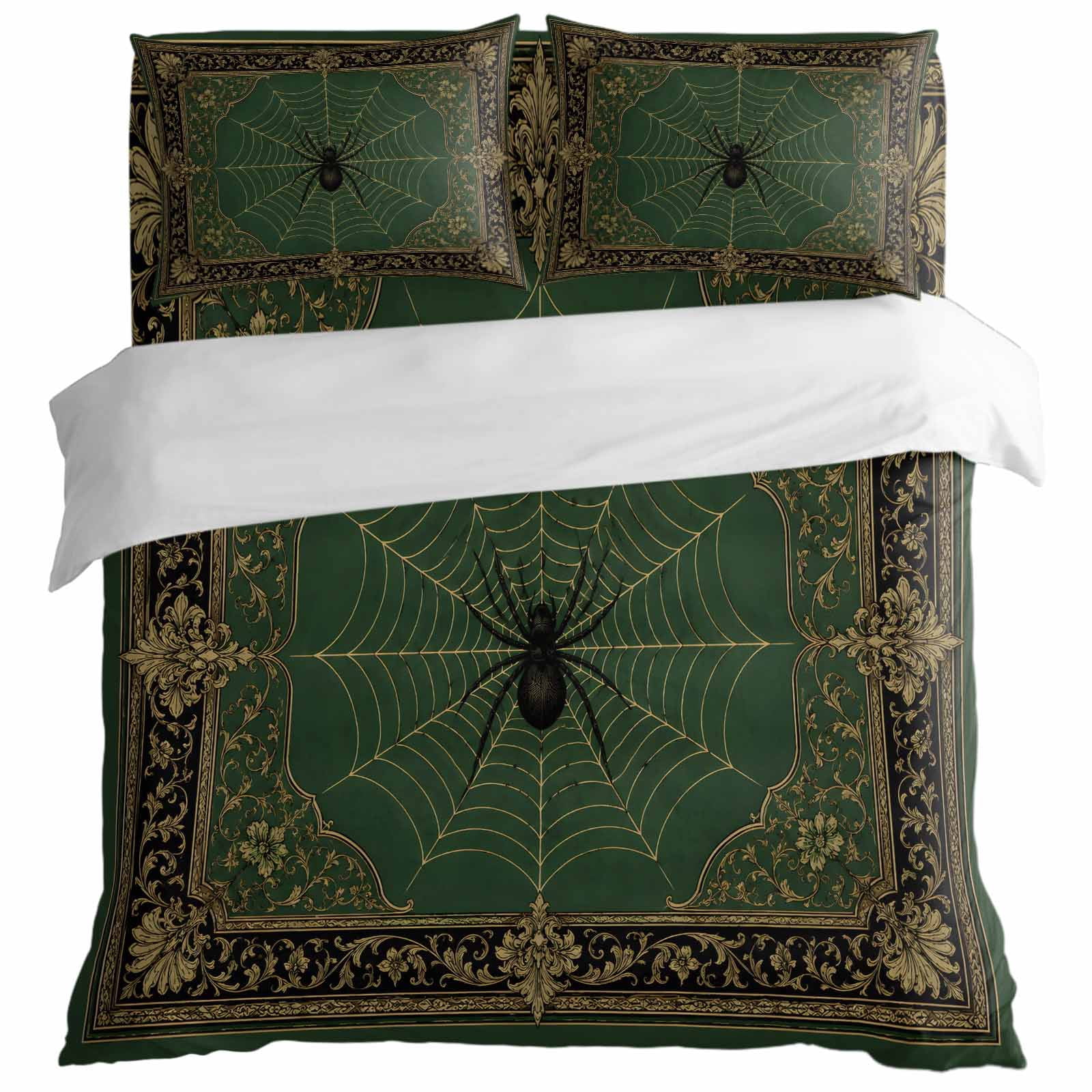 Black Spiders Duvet Cover Set King Size, Vintage Green Web Insects ...