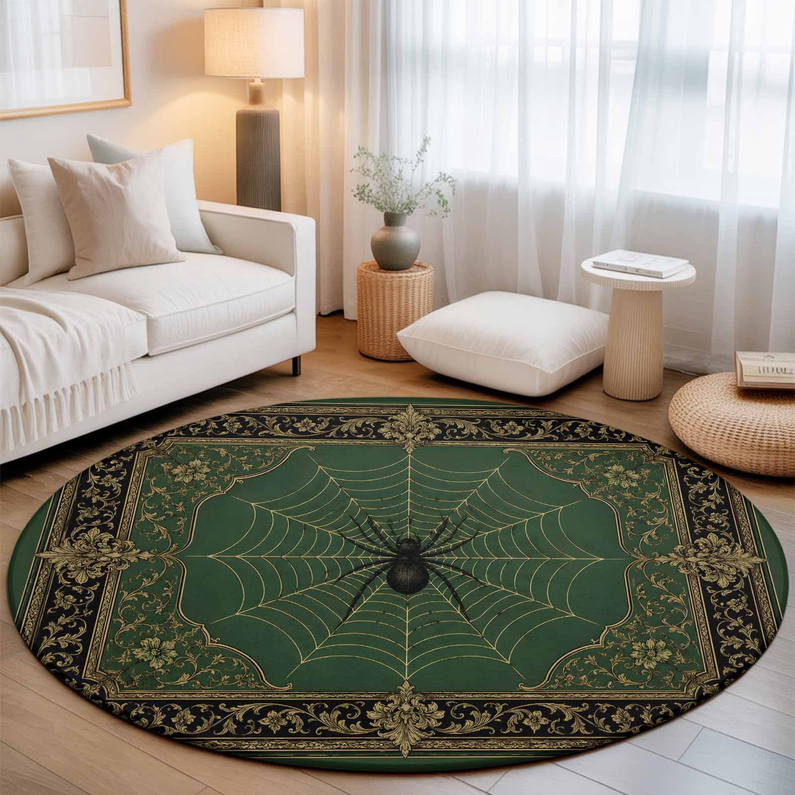 Black Spiders Round Living Room Rugs 3.3 ft, Vintage Green Web Insects ...