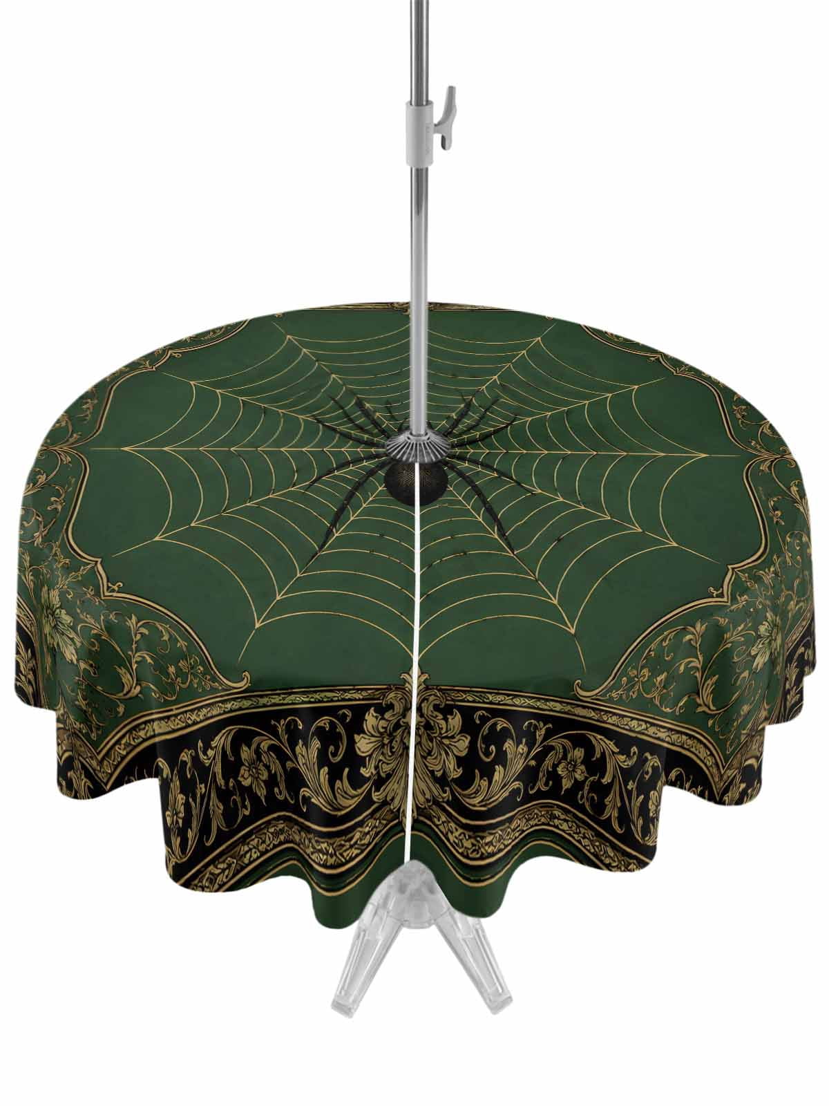 Black Spiders Round Outdoor Tablecloth with Umbrella Hole Vintage Green ...