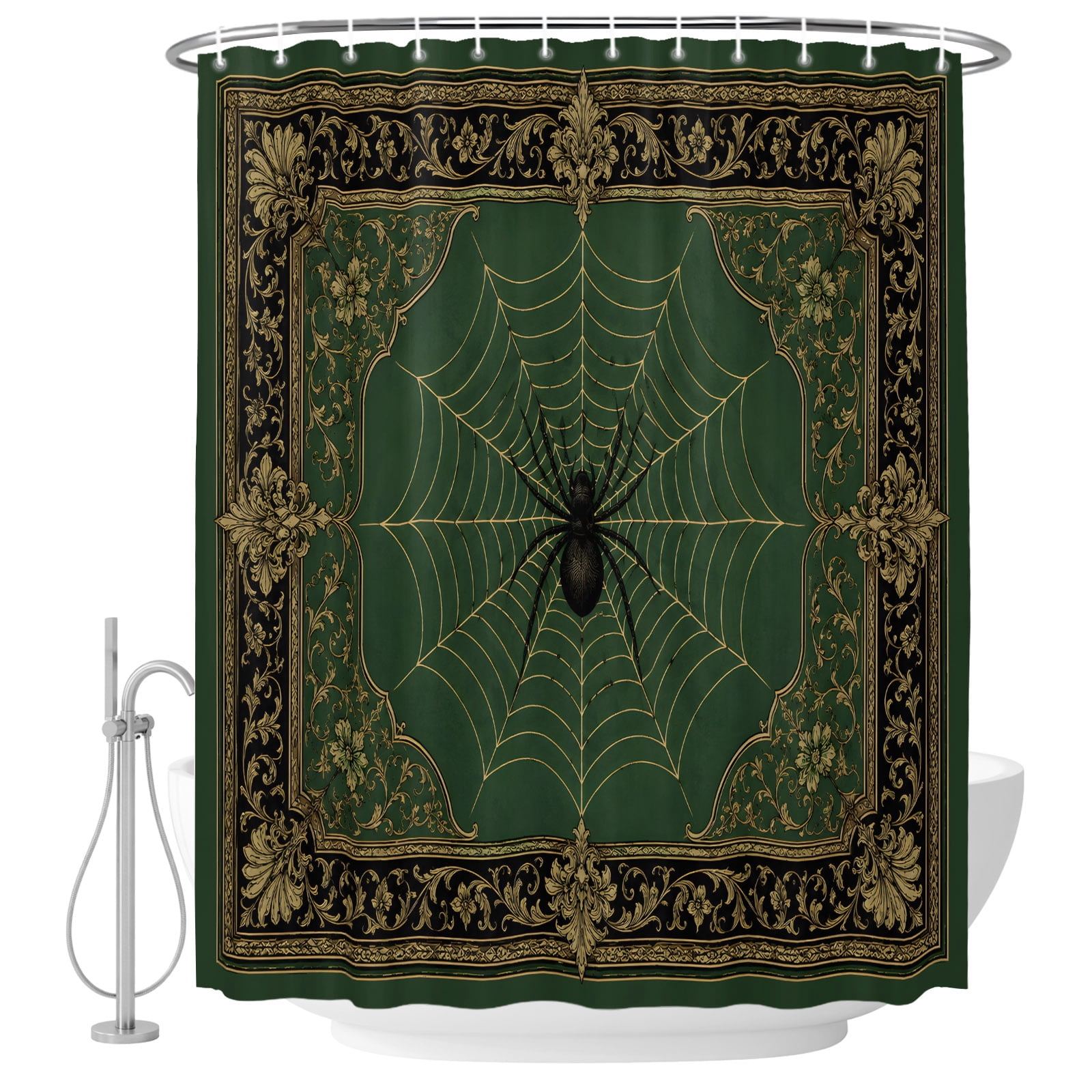 Black Spiders Shower Curtain for Bathroom, Vintage Green Web Insects ...