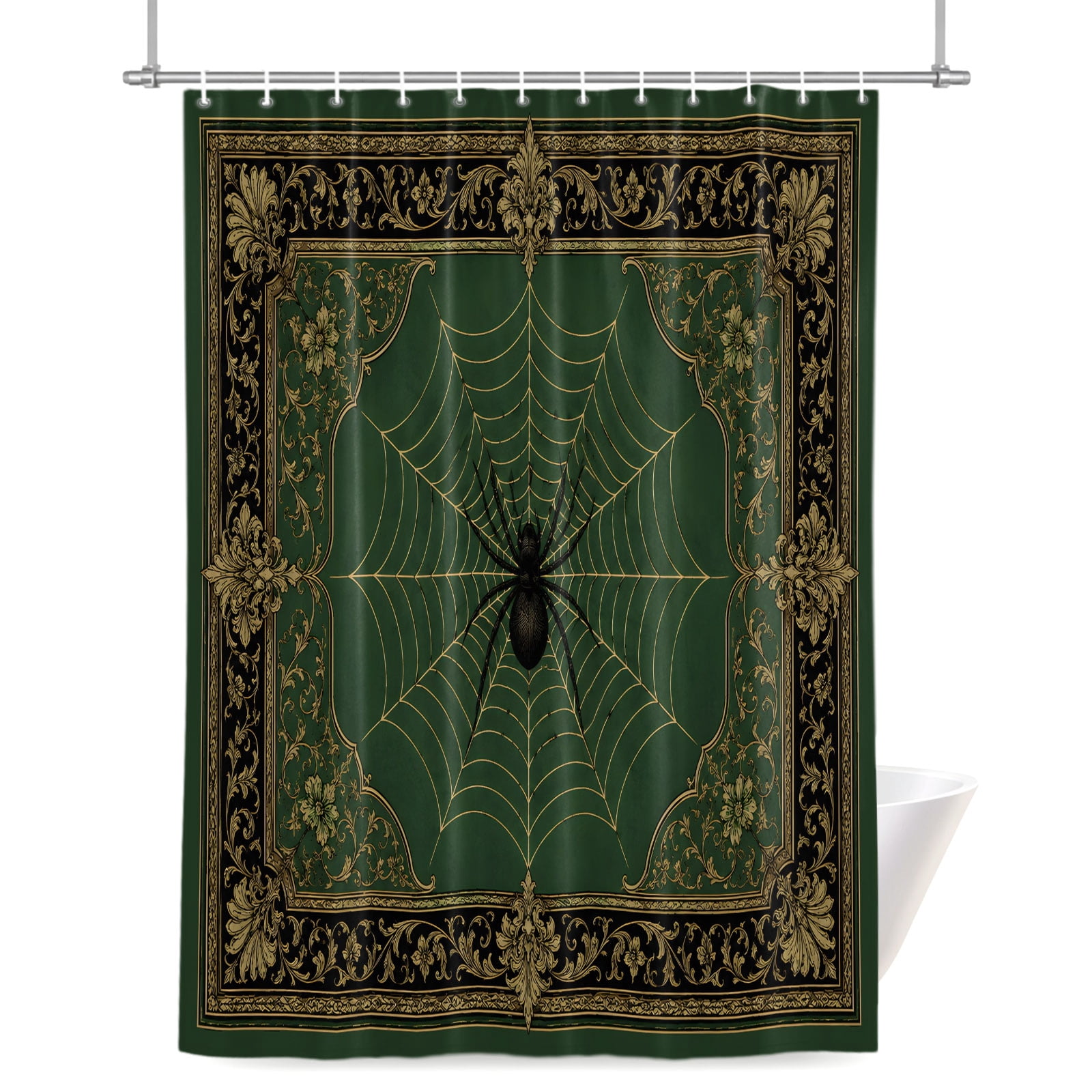 Black Spiders Shower Curtain, Vintage Green Web Insects Laurel Border ...