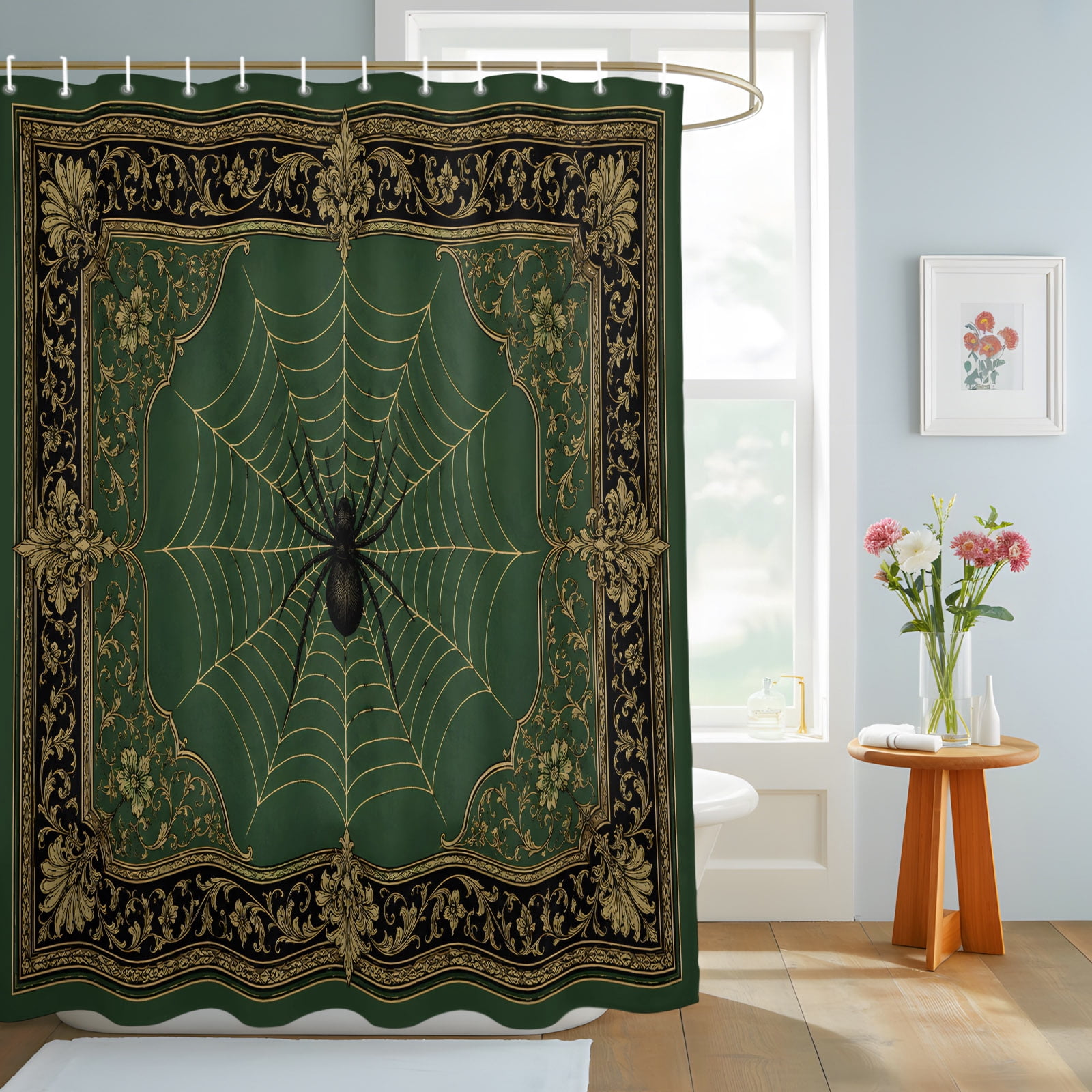 Black Spiders Shower Curtain, Vintage Green Web Insects Laurel Border ...