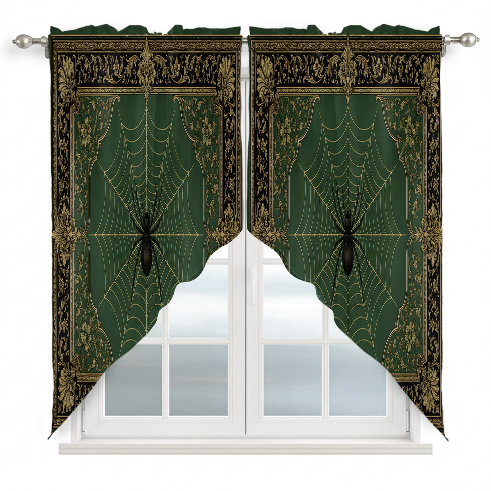 Black Spiders Swag Valances for Windows 2 Pack Vintage Green Web ...