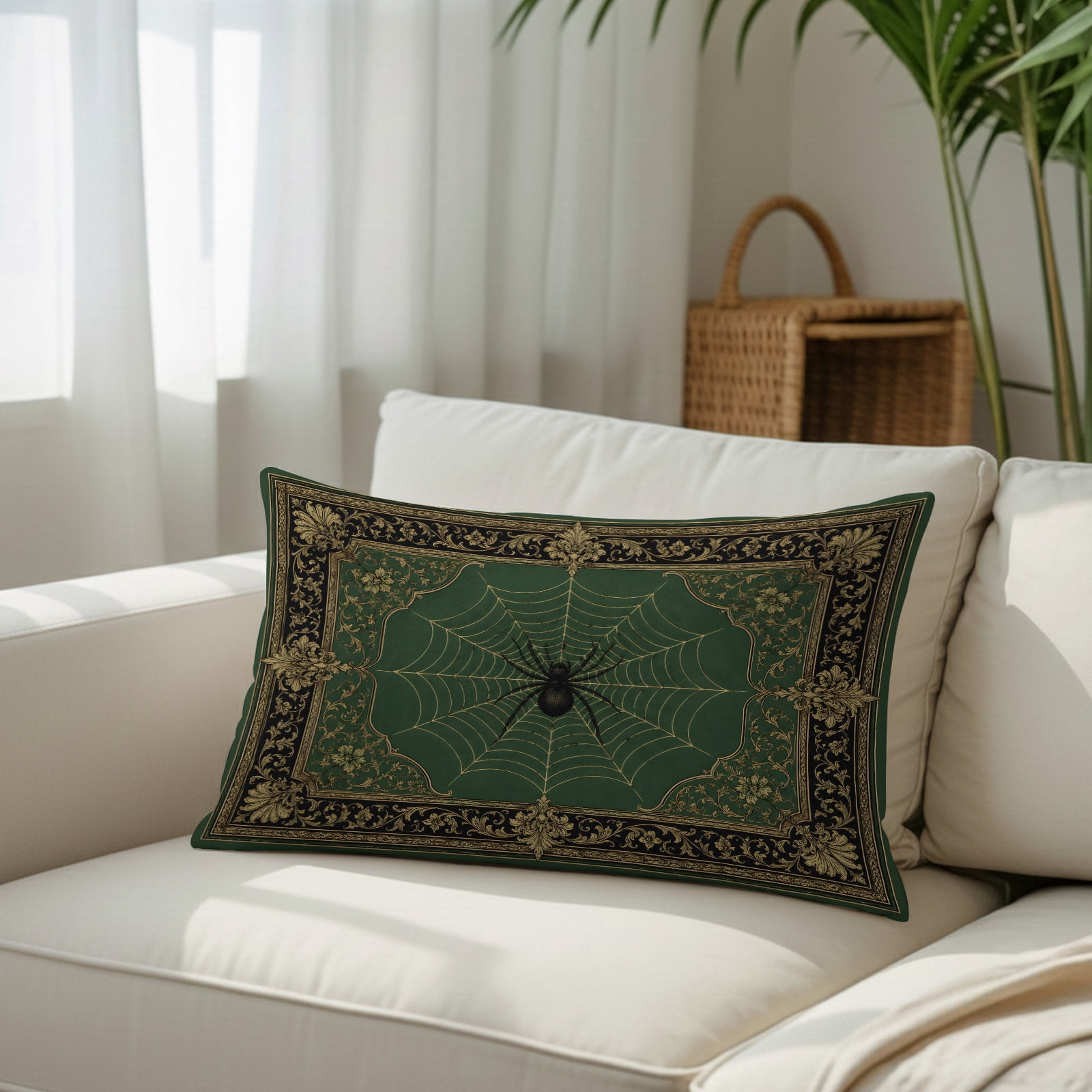Black Spiders Throw Pillow Covers, Vintage Green Web Insects Laurel ...