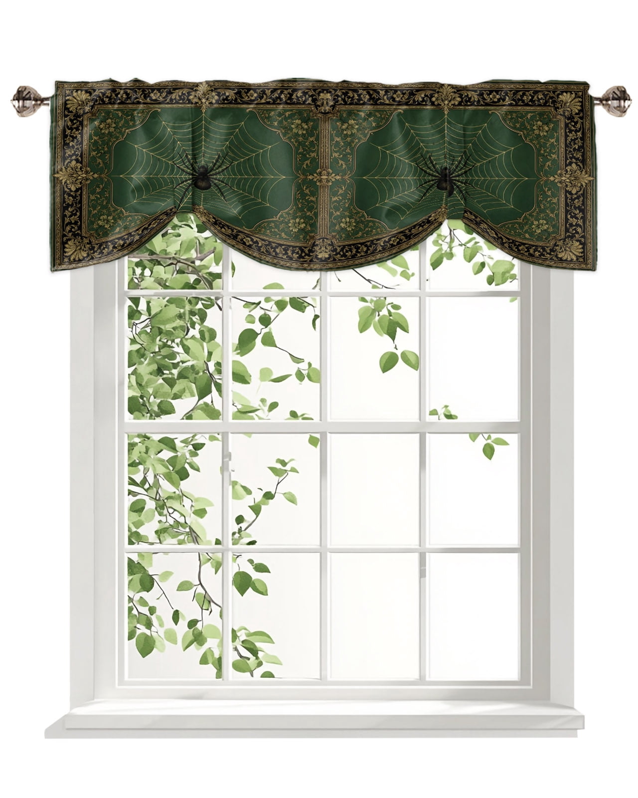 Black Spiders Tie Up Valances Curtain, Vintage Green Web Insects Laurel ...