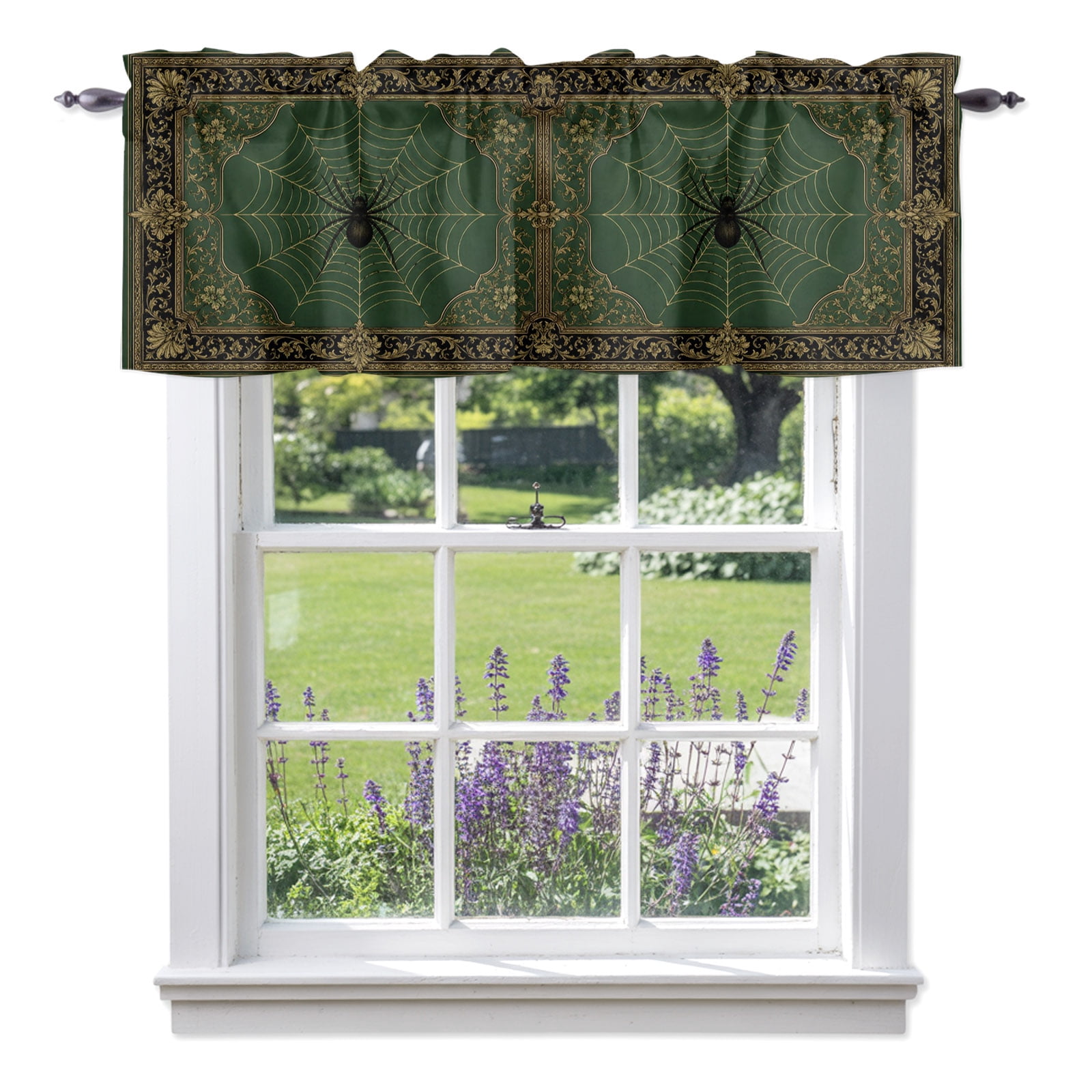 Black Spiders Valances for Windows Vintage Green Web Insects Laurel ...
