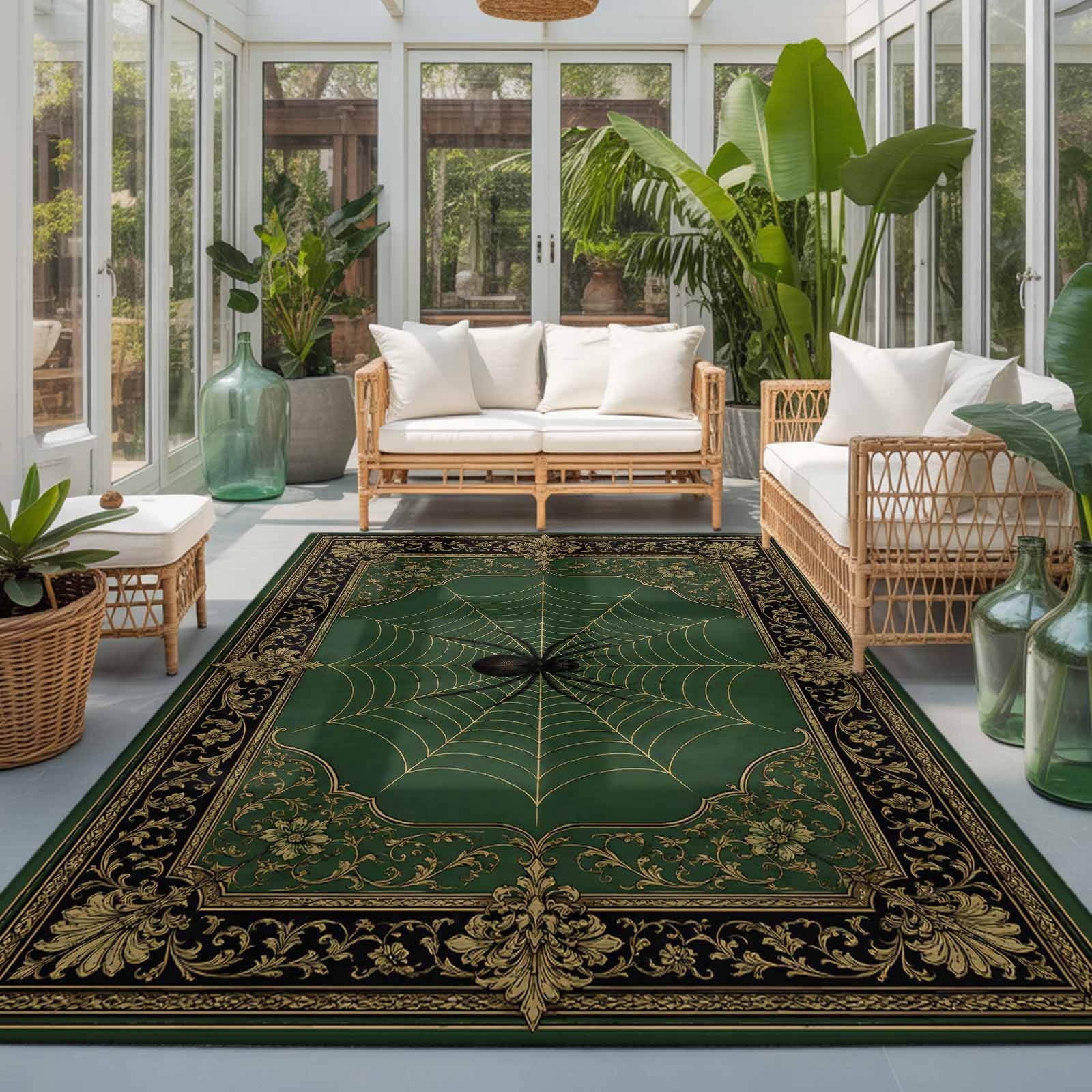 Black Spiders Washable Living Room Rugs 5'x8', Vintage Green Web ...