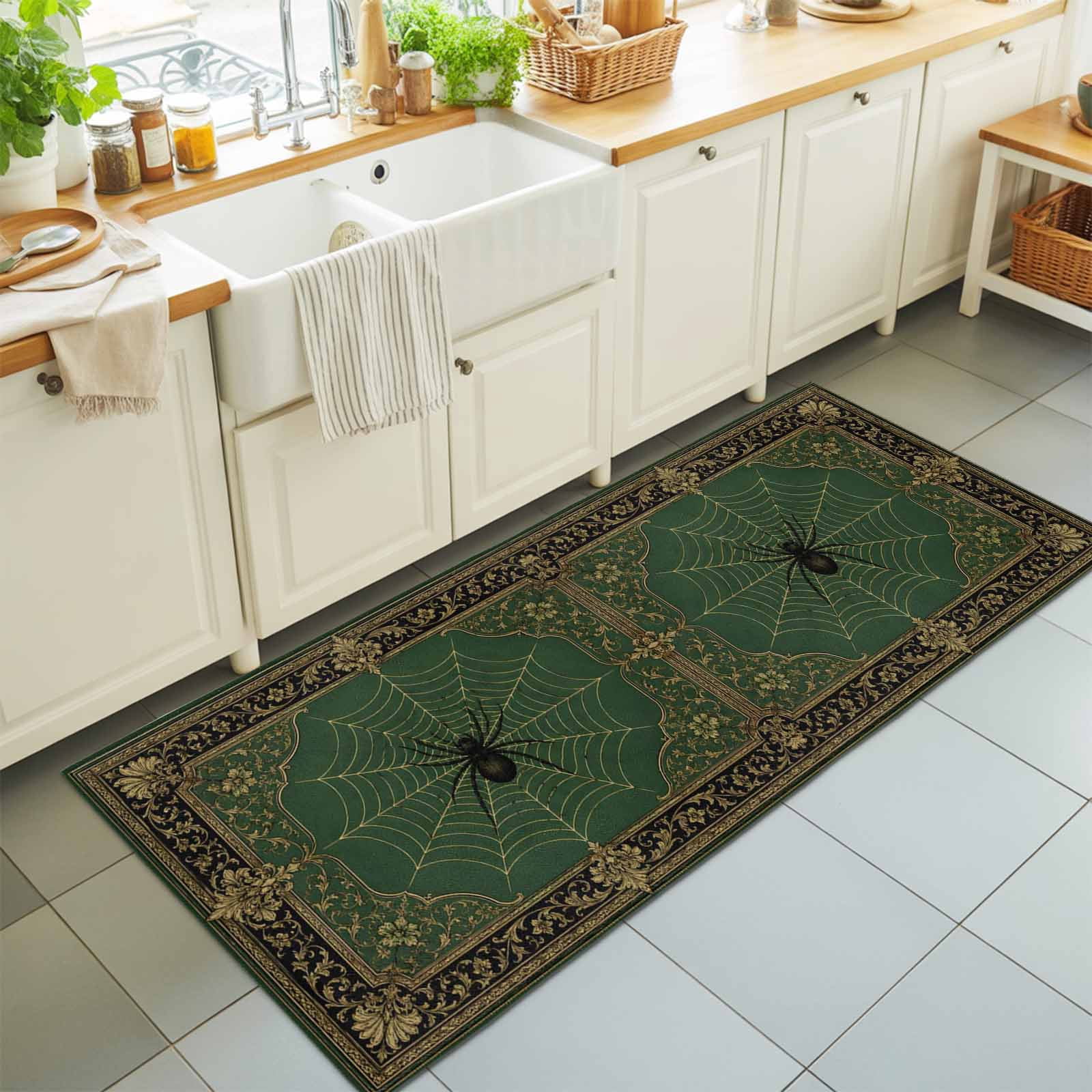Black Spiders Washable Runner Rugs 2'x6', Vintage Green Web Insects ...