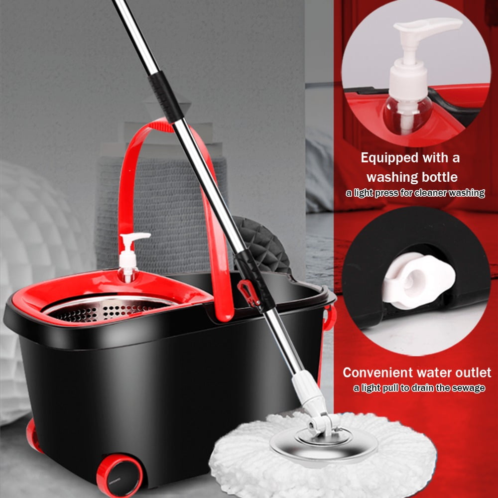 Black Spin Mop Bucket Wring System Set With 3Microfiber Refills With ...