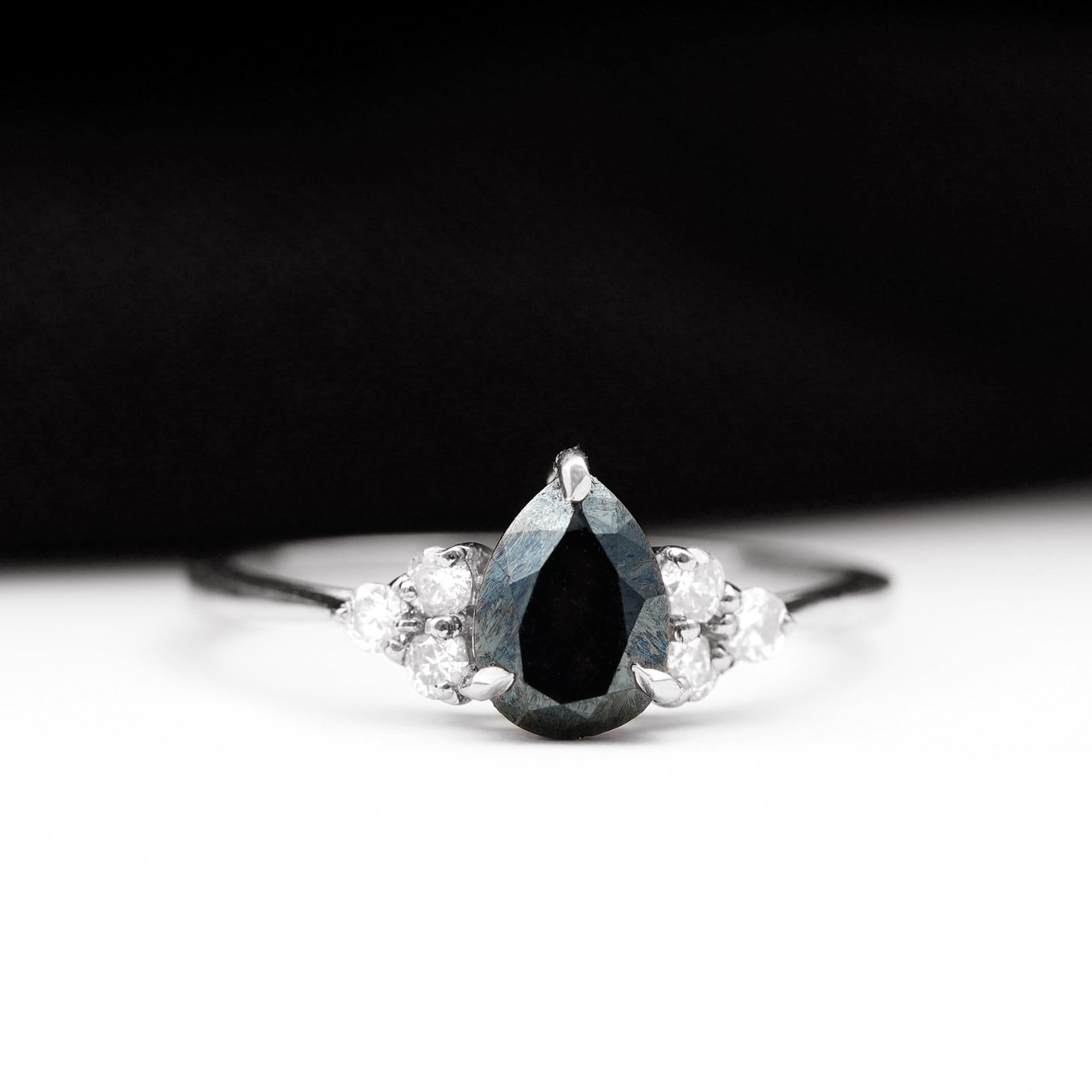 Black Spinel Engagement Ring with Diamond Trio, Pear Cut Spinel and ...