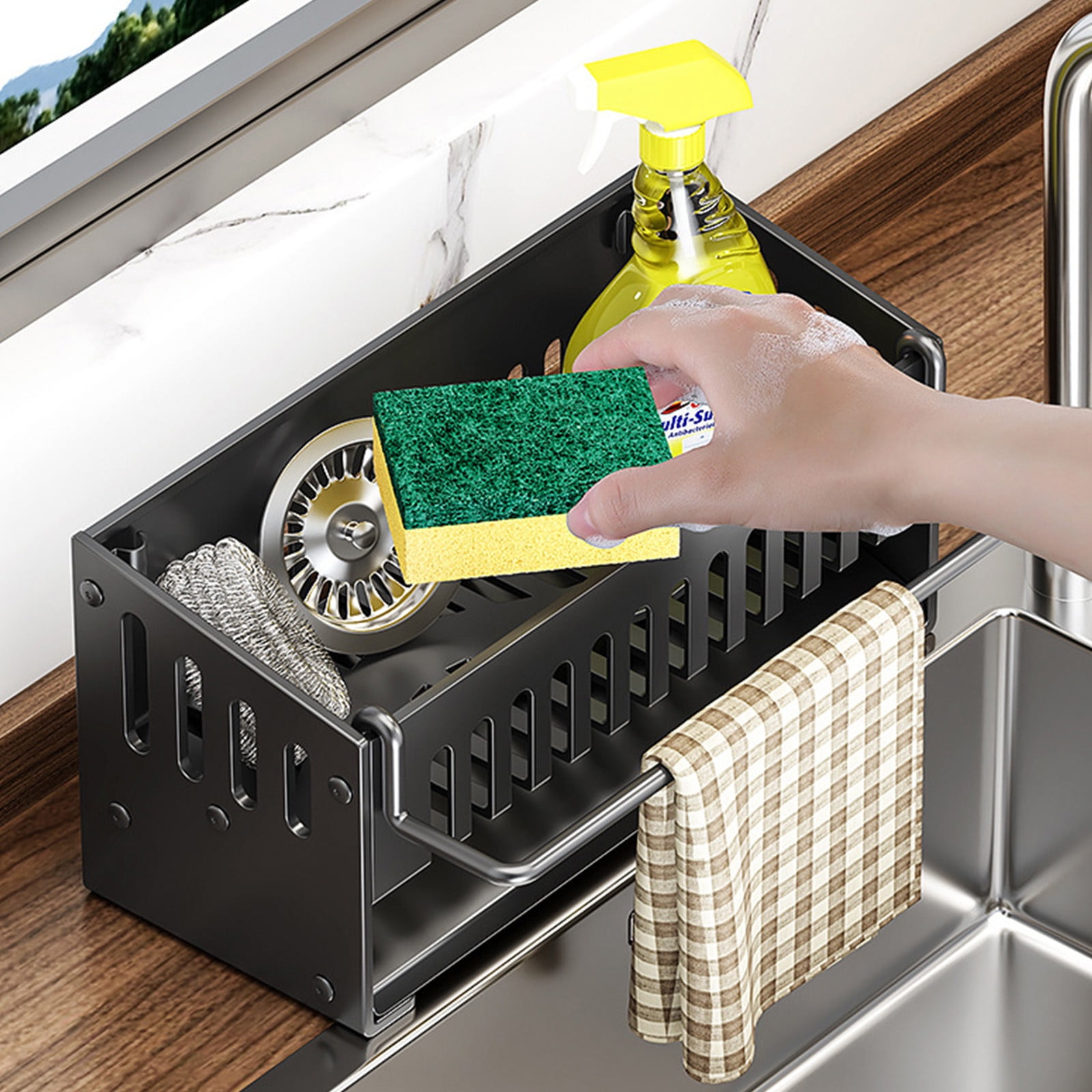 Black Sponge Holder for Kitchen Sink, Sink Caddy Organizer with High ...