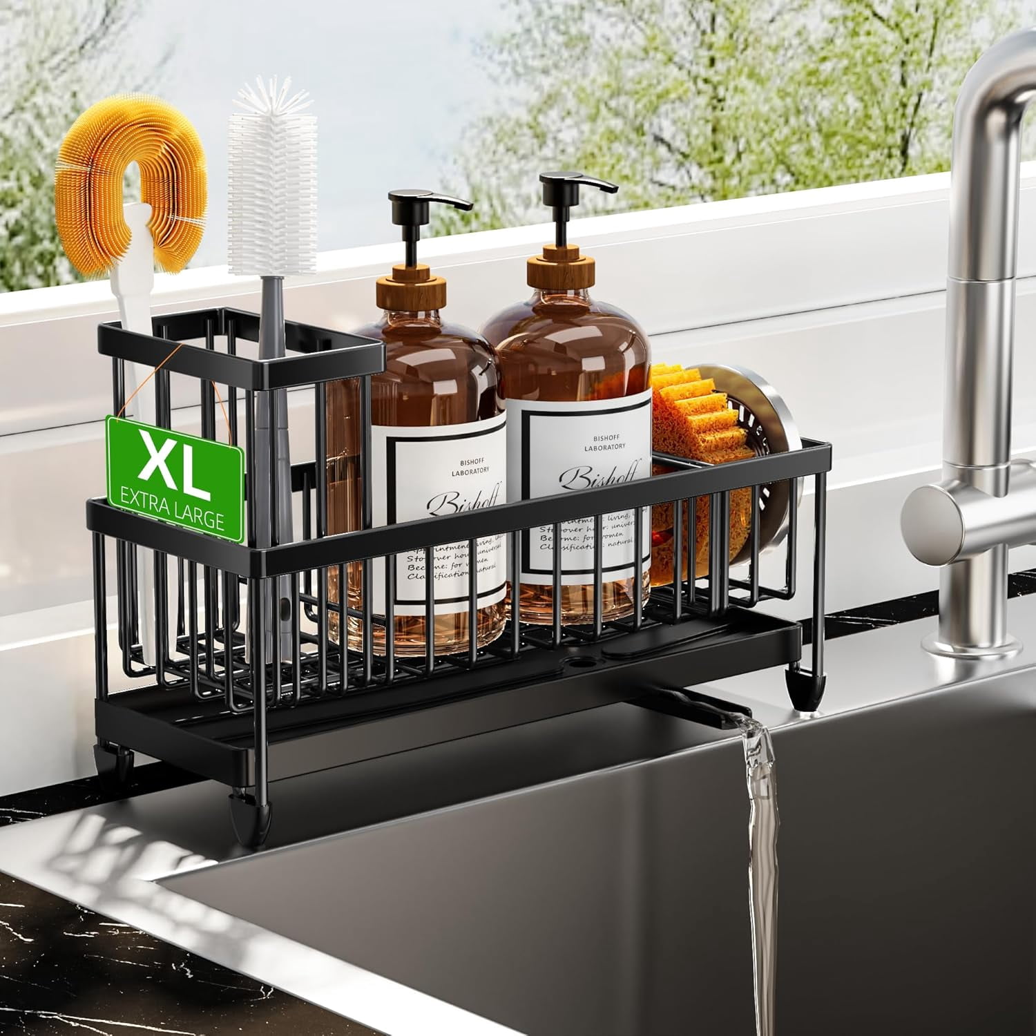 Black Sponge Holder for Kitchen Sink, Sink Caddy Organizer with High ...