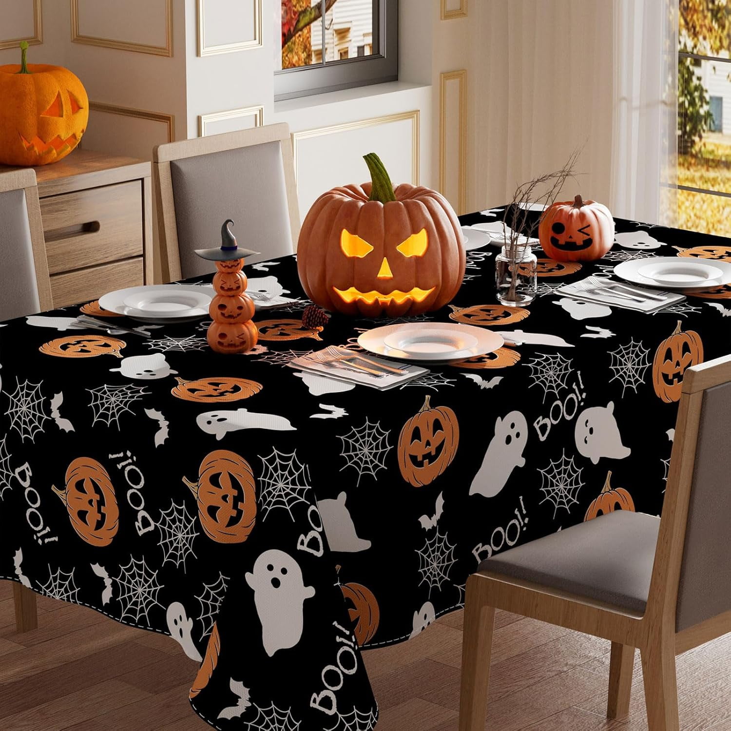 Black Spooky Pumpkin Ghost Halloween Tablecloth Rectangle Washable ...