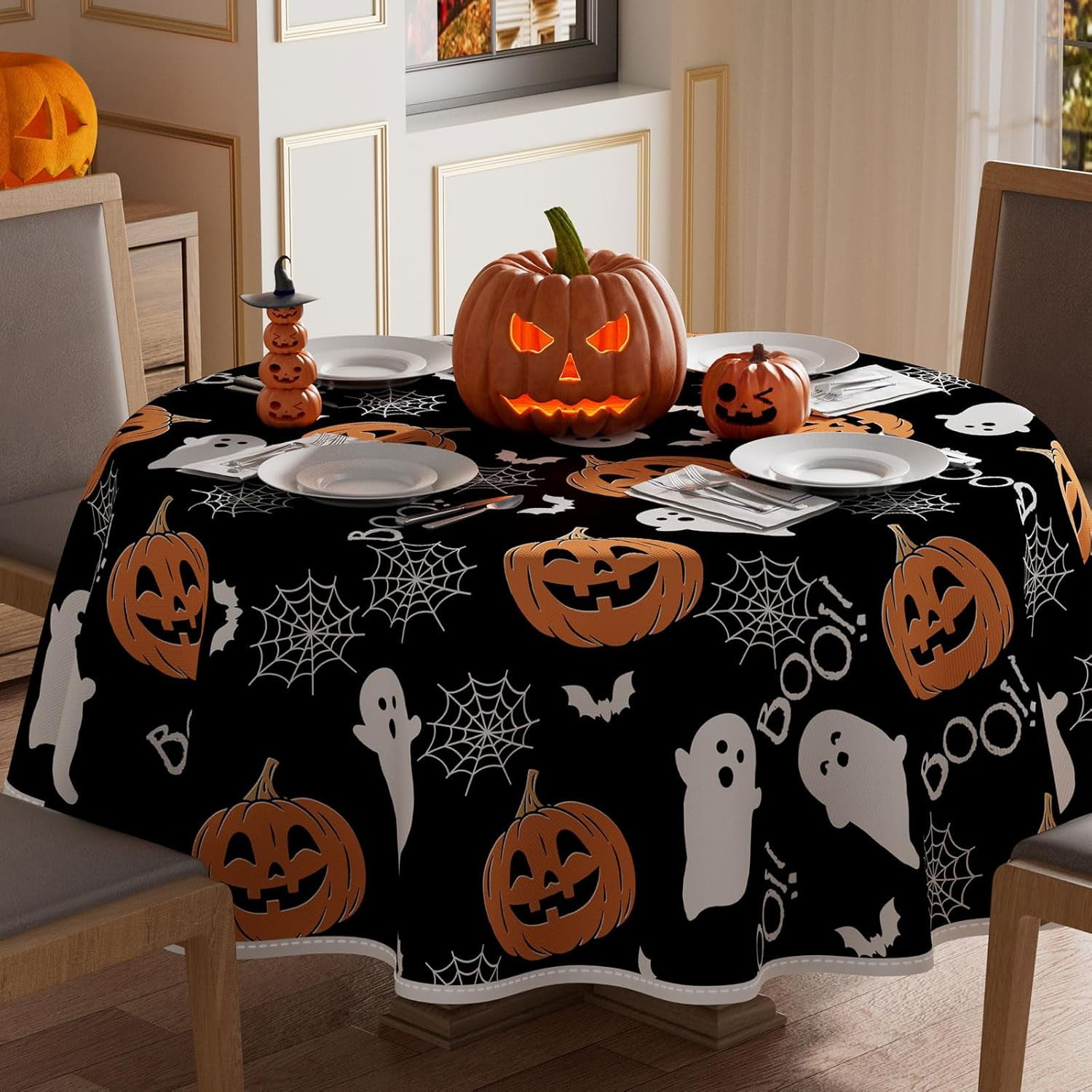 Black Spooky Pumpkin Ghost Halloween Tablecloth Round Washable Table ...