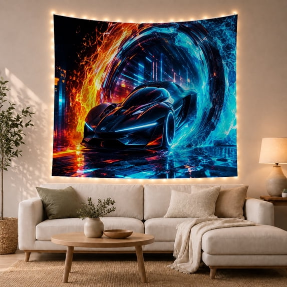 Black Sports Car Inside a Blue Energy Tunnel, Adventurous Digital Art ...