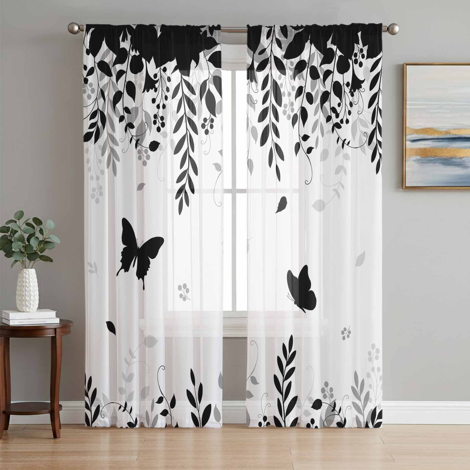 Black Spring Botanical Sheer Curtains 63 Inch Length 2 Panels Set ...