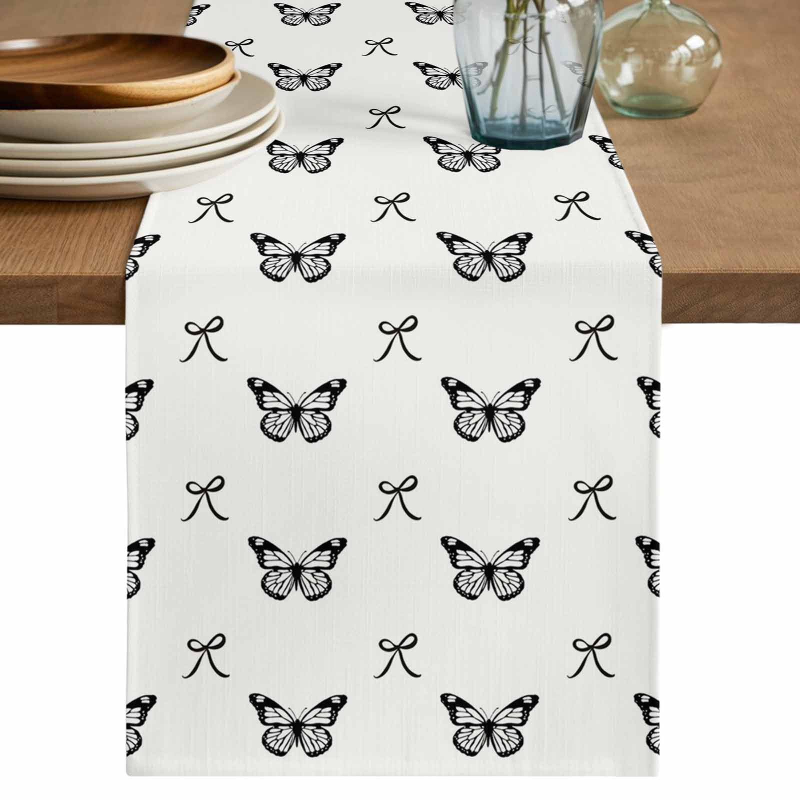 Black Spring Butterfly Cotton Linen Table Runner for Dining Kitchen ...