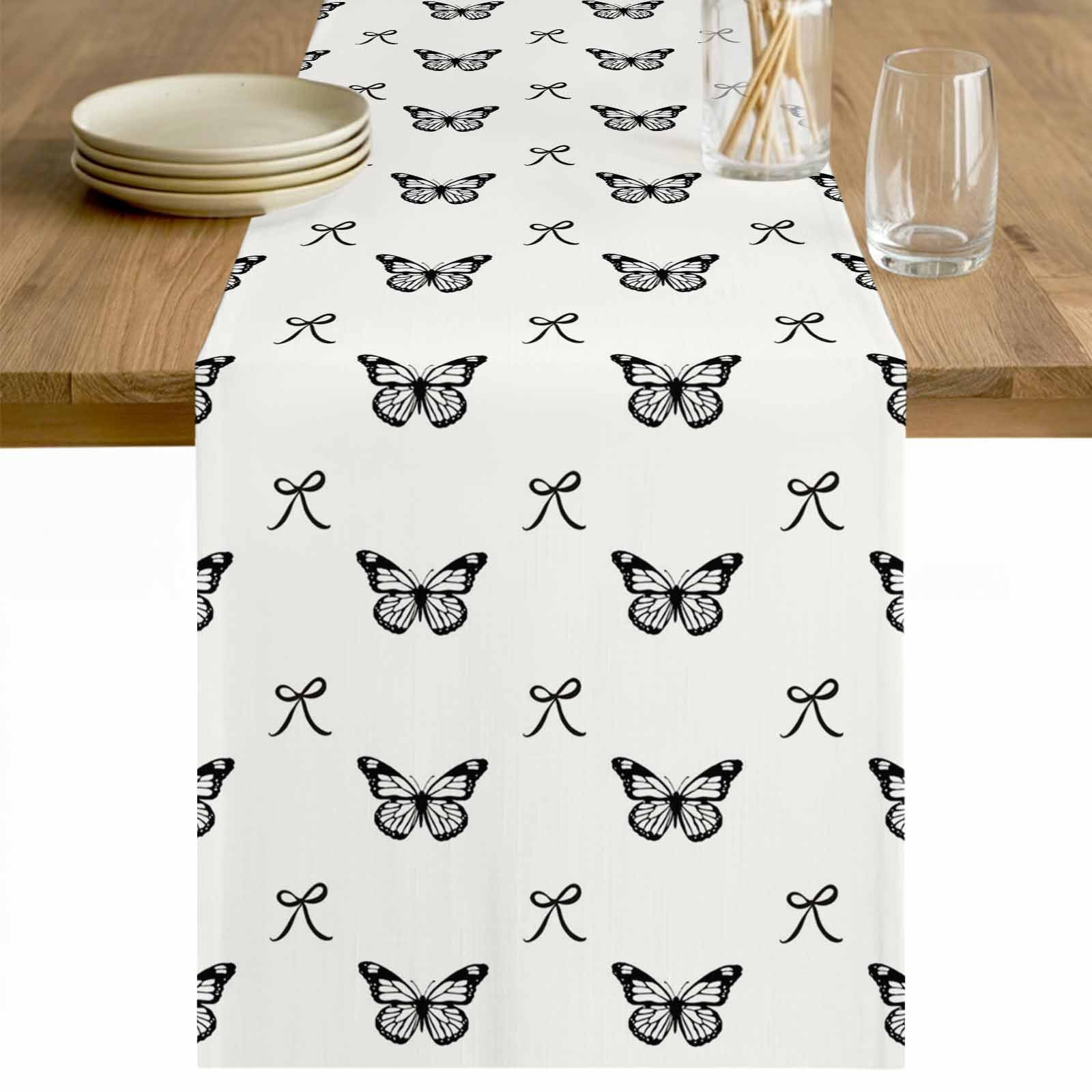Black Spring Butterfly Table Runner - 70 Inch Long Bow Knot Cotton and ...