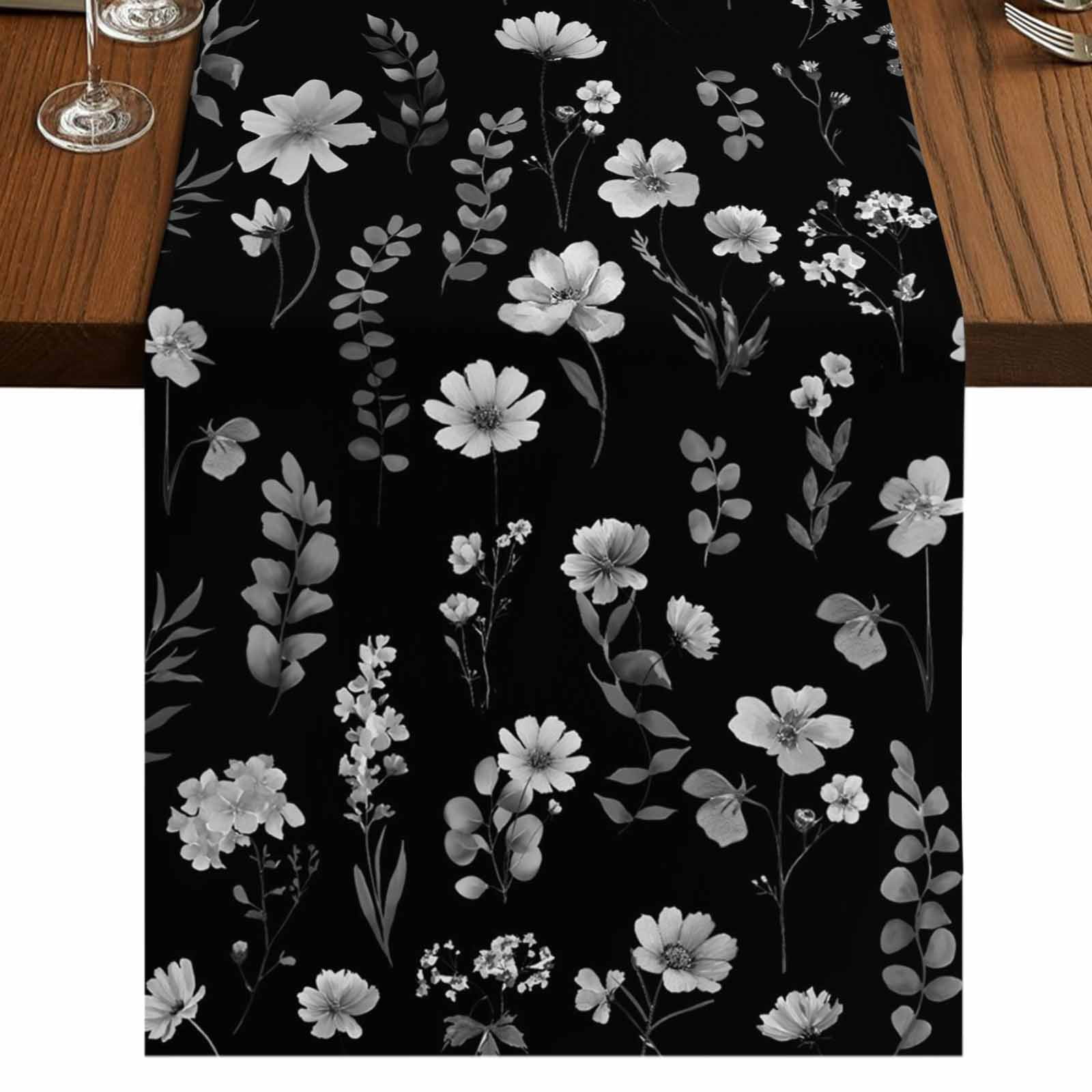 Black Spring Floral 60 Inch Table Runner, Flowers Botanical Elegant ...