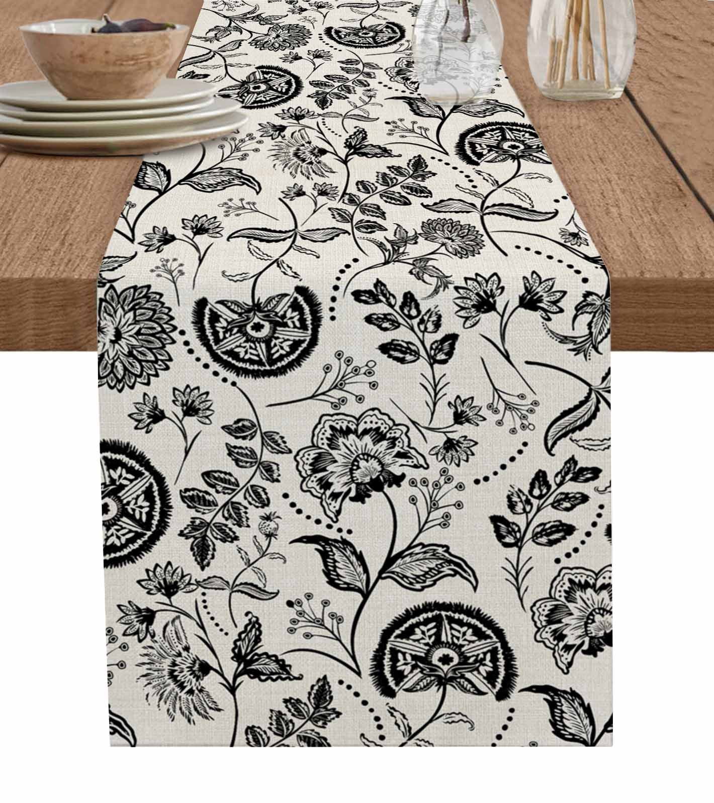 Black Spring Floral Burlap Cotton Table Runner 13x48 Inches Long ...