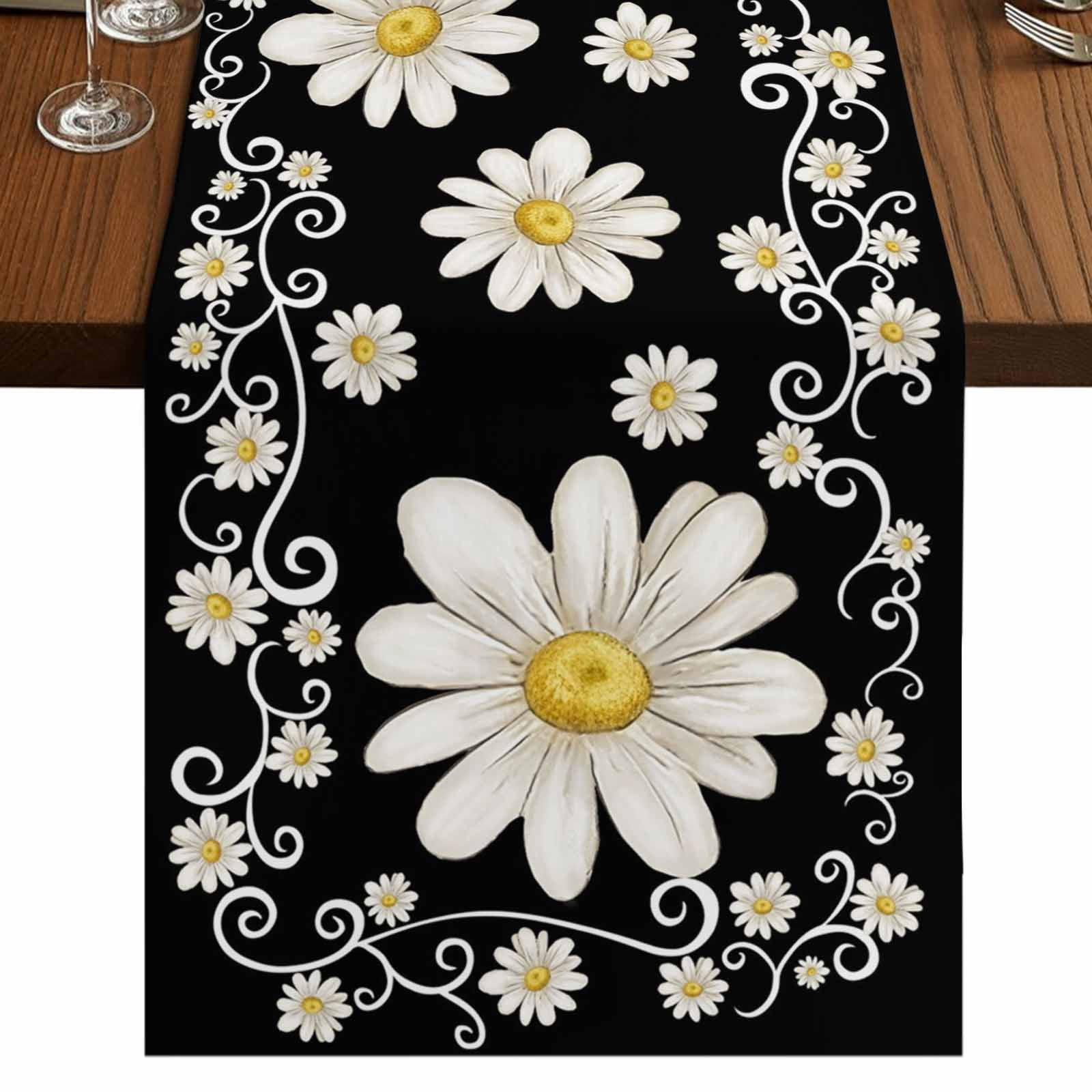 Black Spring Floral Burlap Cotton Table Runner 13x72 Inches Long, Daisy ...
