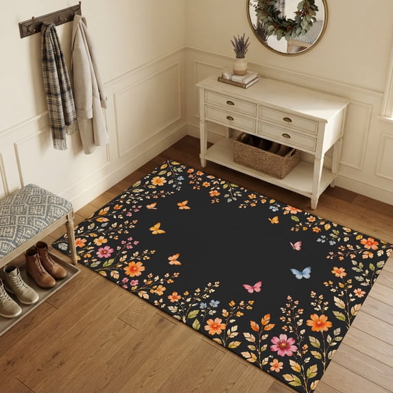Black Spring Floral Butterfly Area Rugs 3'x5', Washable Small Throw ...