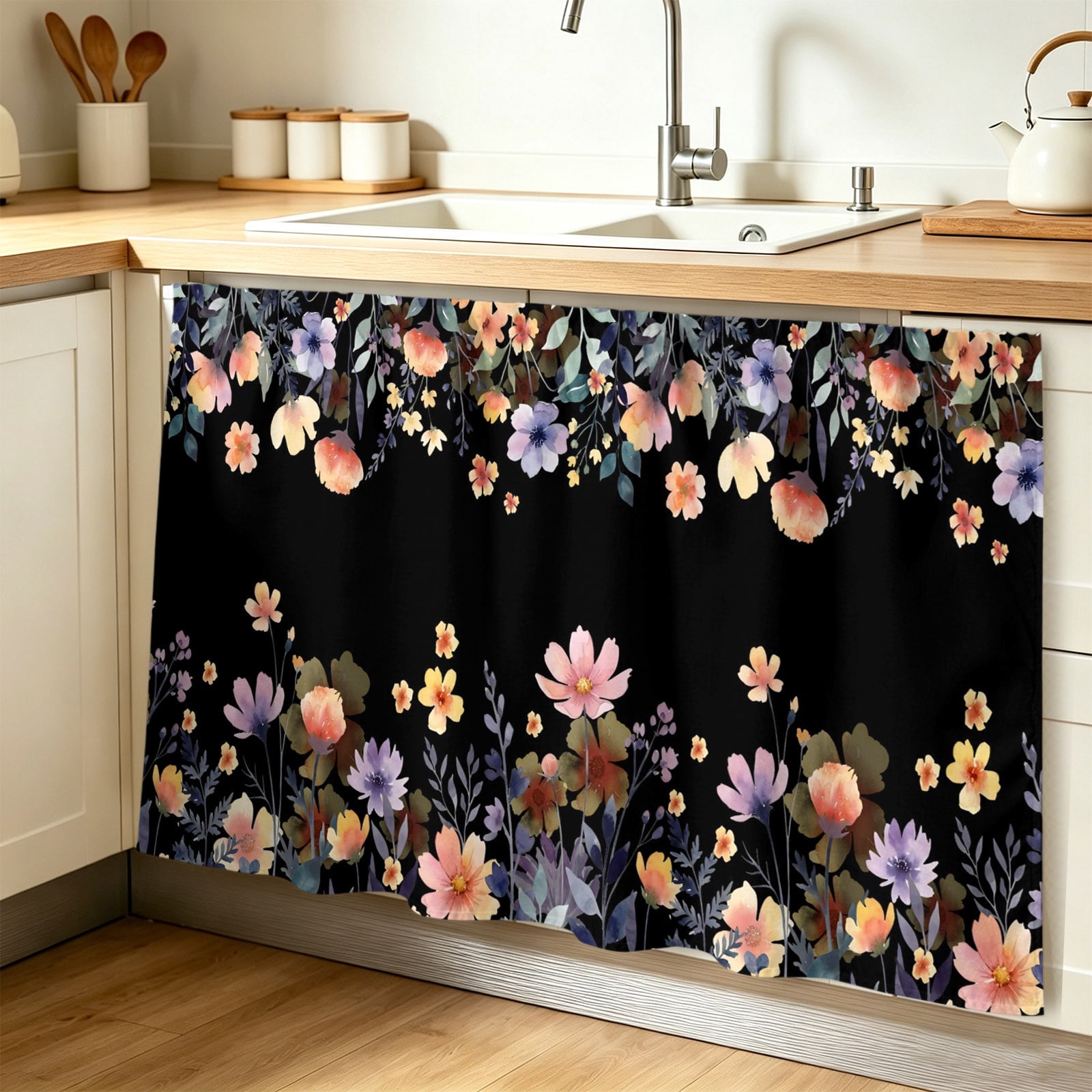 Black Spring Floral Cabinet Curtains for Shelves, Elegant Flowers ...