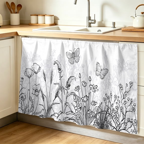 Black Spring Floral Cabinet Curtains for Shelves, Summer Botanical ...
