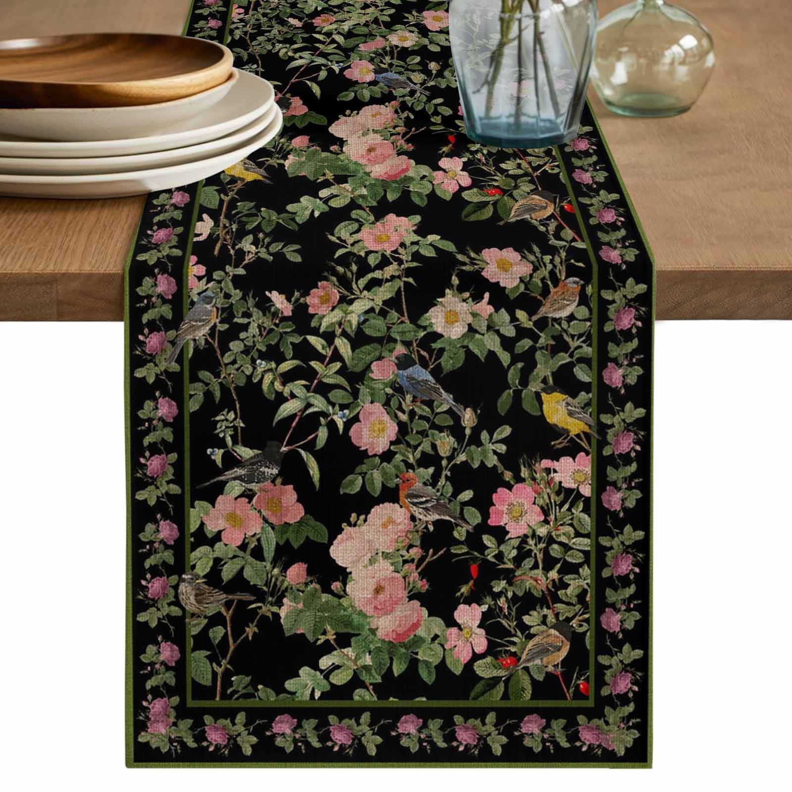 Black Spring Floral Cotton Linen Table Runner for Dining Kitchen ...
