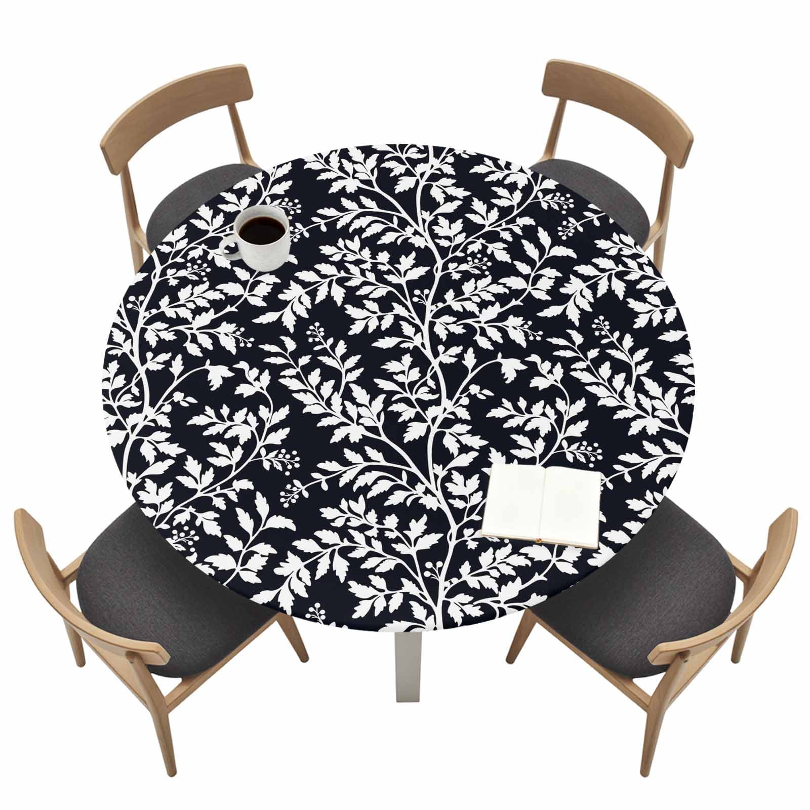 Black Spring Floral Fitted Tablecloth with Elastic Edged, Round Table ...