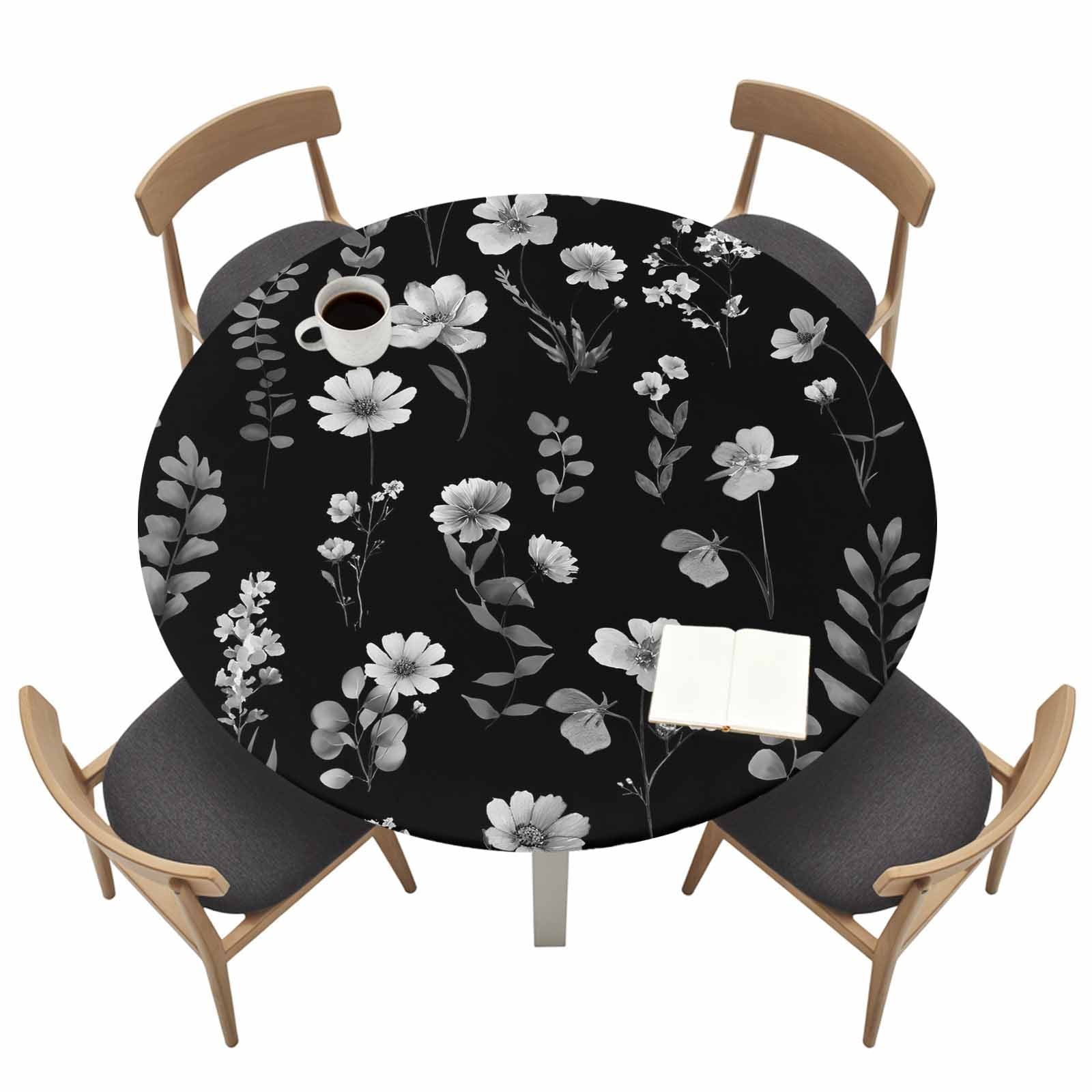 Black Spring Floral Fitted Tablecloth with Elastic Edged, Round Table ...
