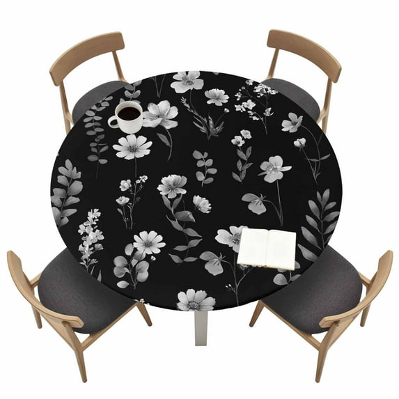 Black Spring Floral Fitted Tablecloth with Elastic Edged, Round Table ...