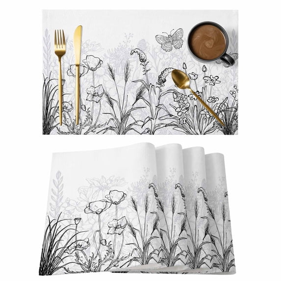 Black Spring Floral Placemats Set of 4, Cotton Linen Fabric Place Mats ...