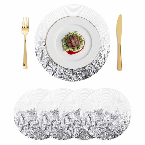 Black Spring Floral Round 13 Inch Placemats Set of 4, Summer Botanical ...