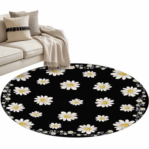 Black Spring Floral Round Rug 3ft Washable Circle Entryway Rugs Non ...