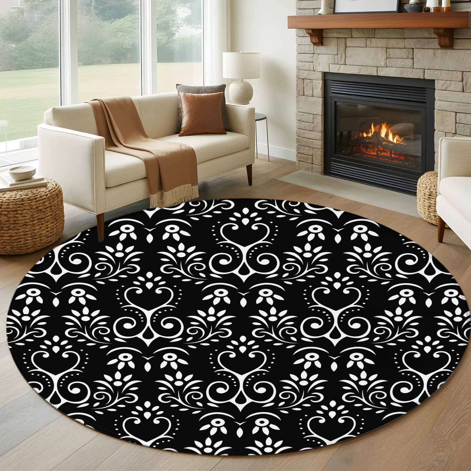 Black Spring Floral Round Rug 5ft Washable Circle Kitchen Rugs Non Slip ...