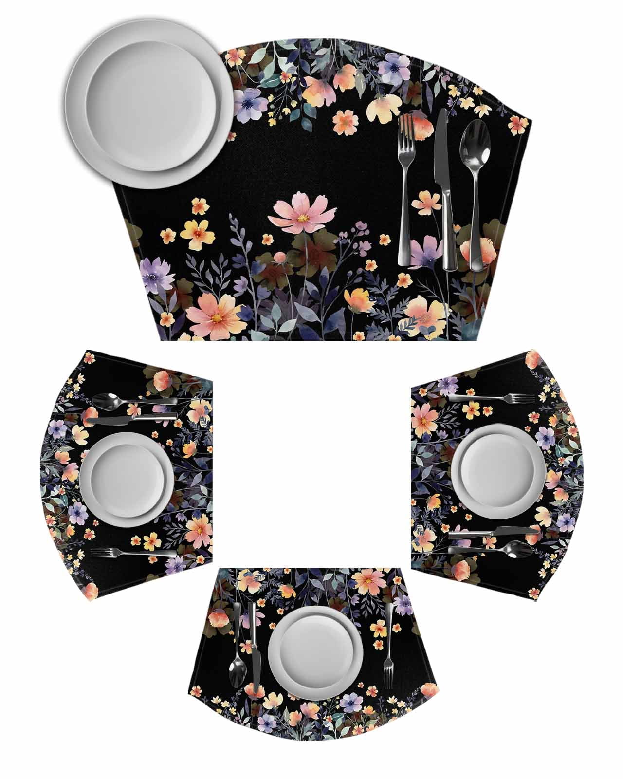Black Spring Floral Round Table Placemats Set of 6 Wedge Placemats ...
